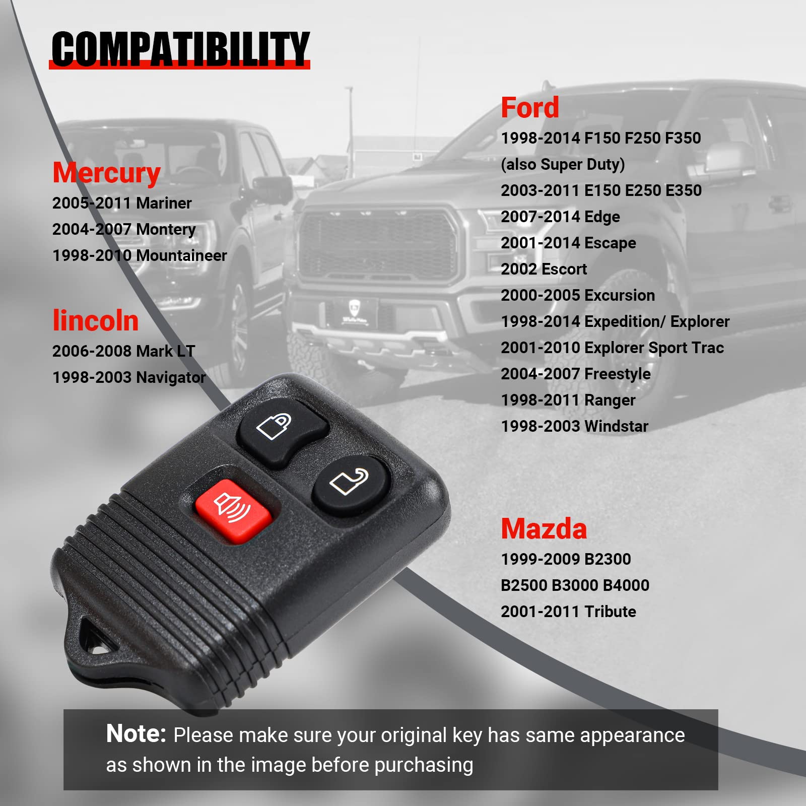 Nextirrer Key Fob Keyless Entry Remote for Ford F150 F250 Explorer Mazda Mercury Lincoln 3 Button Car Key Replacement with 2 Silicone Cover