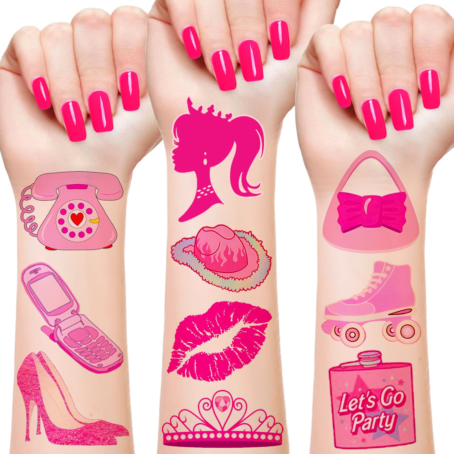 Pink Temporary Tattoos Hot Pink Princess Birthday Party Decorations Favors Pink Tattoos for Kids Girls Woman Adult Pink Birthday Party Supplies