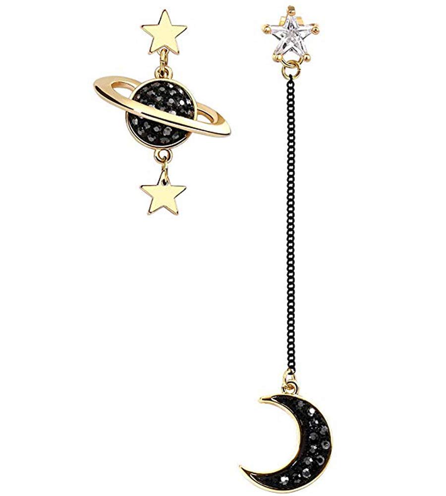 Moon And Star Dangle Earrings For Women Sterling Silver Hypoallergenic Sensitive Ears Unique Chic Kpop Asymmetry Design Boho Cubic Zirconia Planet Drop Earrings Jackets (Black)