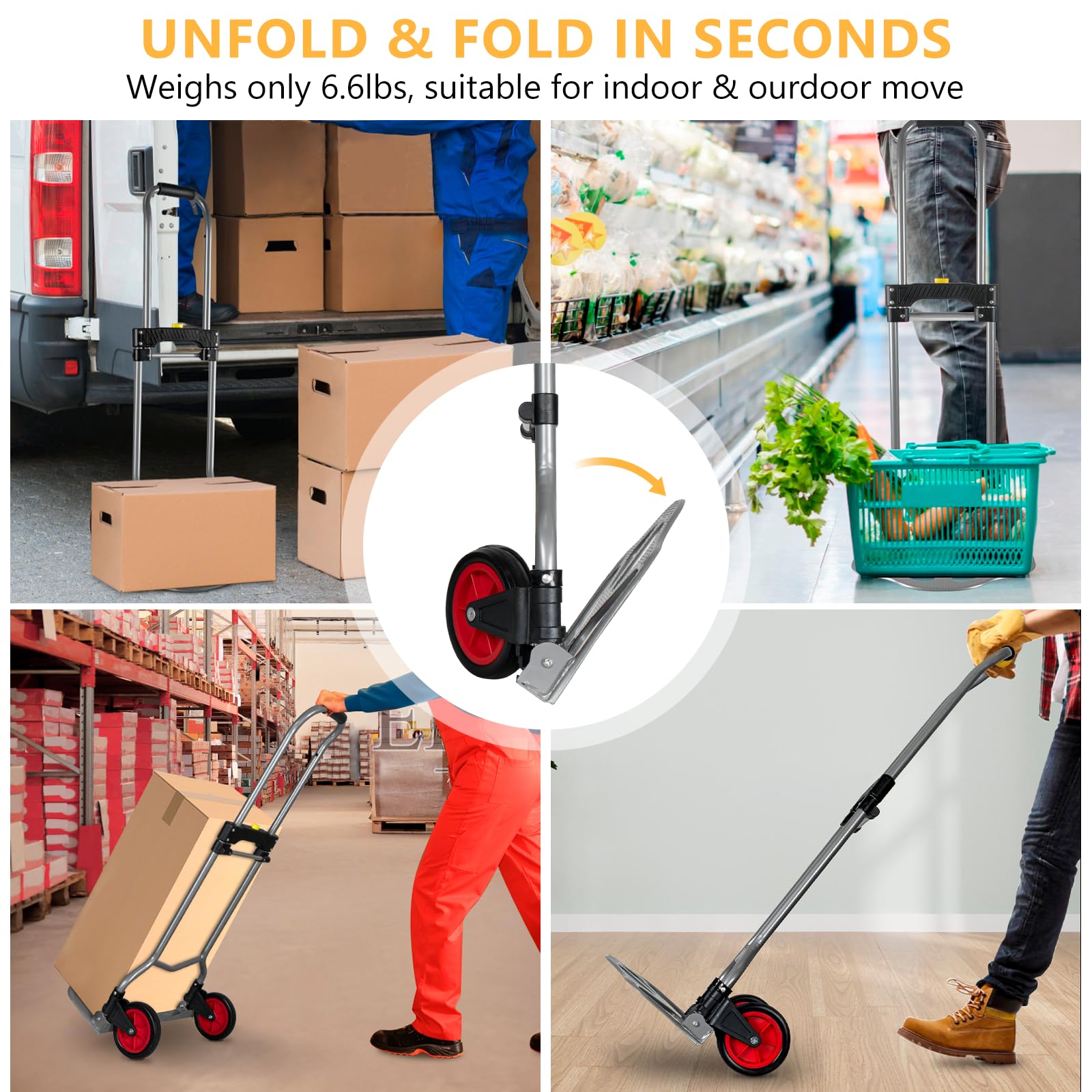PHALANX Folding Hand Truck Dolly, Lightweight Moving Dolly Cart, 220Lb Capacity, Fast-Folding 2 Wheel Hand Cart Foldable with Telescoping Handle, Collapsible Dolly, Heavy Duty Luggage Cart