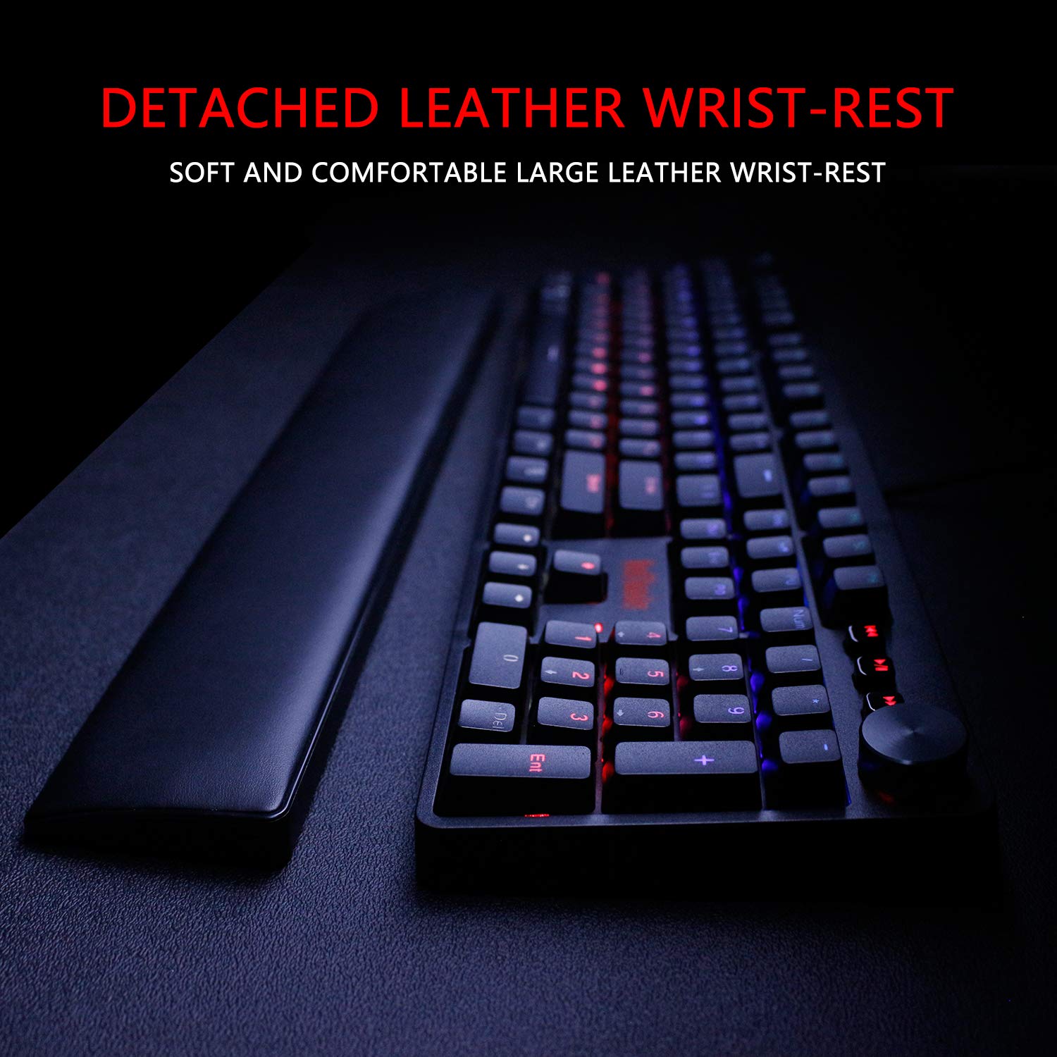 RedThunder K55 Mechanical Gaming Keyboard, Quiet Red Switch, Chroma RGB Lighting, Soft Leather Wrist-Rest, Standard Full Size Wired Keyboard with Dedicated Media Keys & Dial for PC