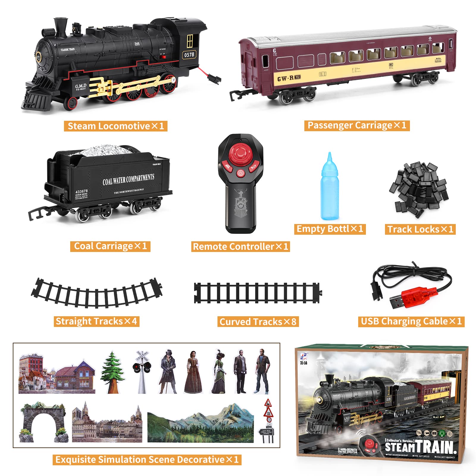 Train Set with remote control,Electric Railway Train Kit for Kids,Model Steam Locomotive Engine Train Track Around Christmas Tree,Forward & Backward,Gift Train Toy for Boys Girls 3 4 5 7 9 11