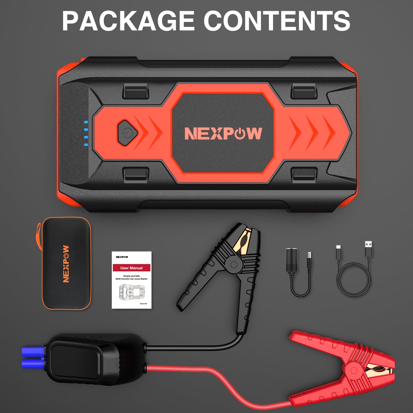 NEXPOW Battery Jump Starter 2500A Car Jump Starter (up to 8.0L Gas/8L Diesel Engines) 12V Car Battery Booster Pack with USB Quick Charge 3.0 and 4 LED Modes Red Blue Warning