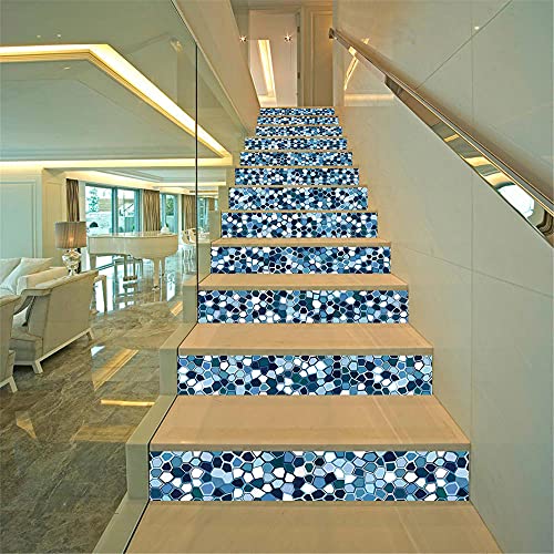Master_GGG Stickers 3D Innovative DIY Blue Mosaic Decorative Adhesive Stair Stickers - Waterproof Stair Riser Decals - Peel and Stick Stair Stickers Decoration 13pcs/set 18cm X 100cm