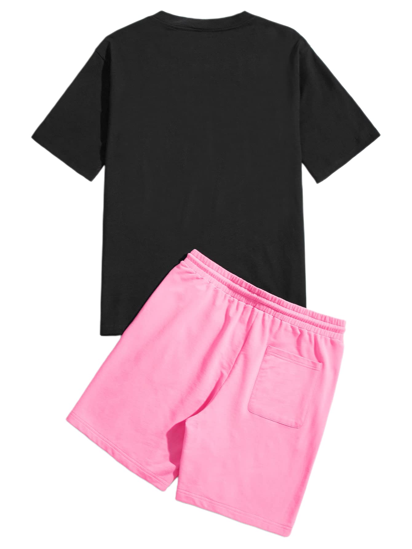Romwe Men's Summer Graphic Print T Shirt and Shorts Set Tracksuit 2 Piece Outfits Black and Pink M