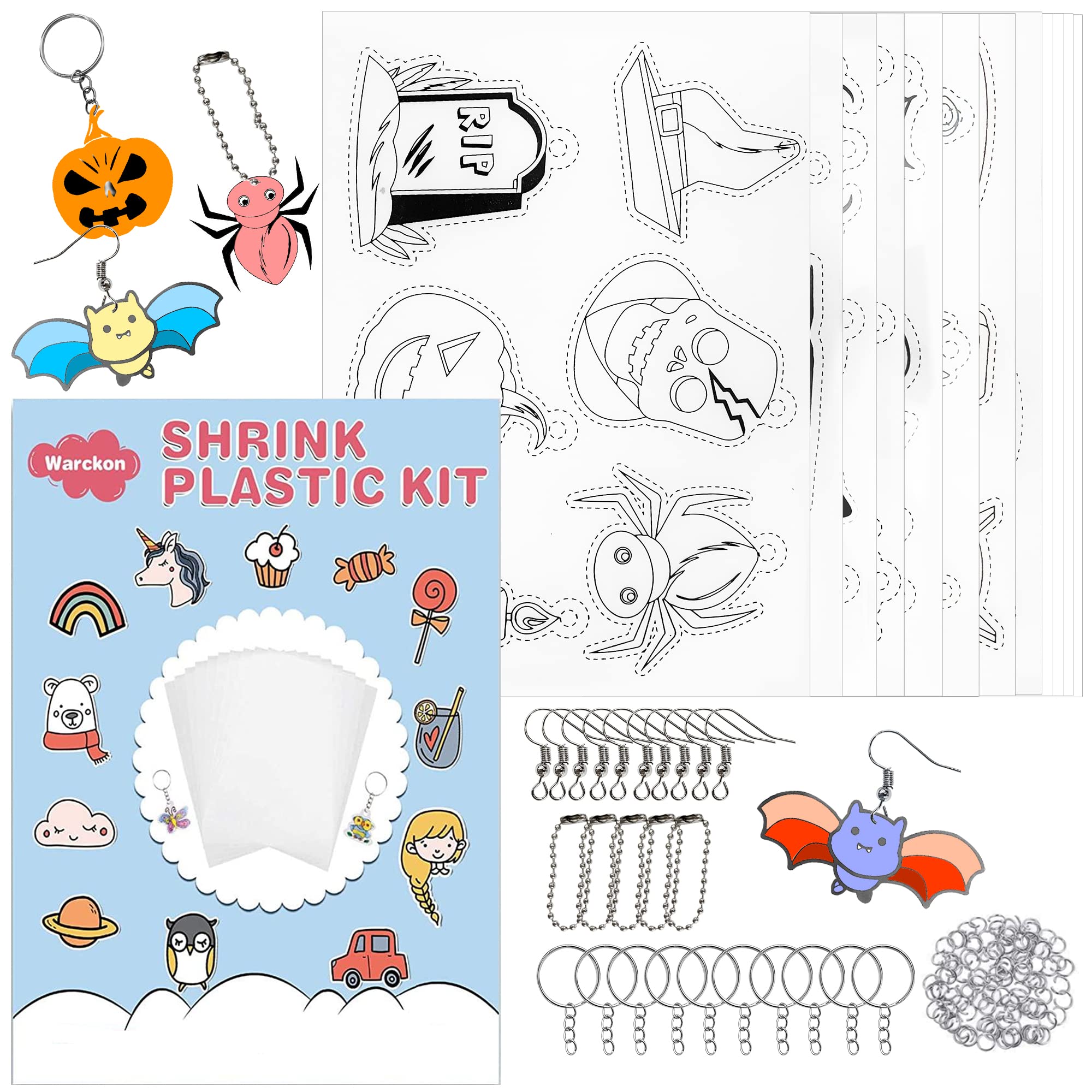 Warckon 141Pcs Halloween Shrink Plastic Kit Include 8 Pcs Traceable Halloween Shrinky Plastic Paper and 8 Pcs Blank Shrinky Plastic Sheets and 125 Keychains Accessories, for Kids Creative Craft