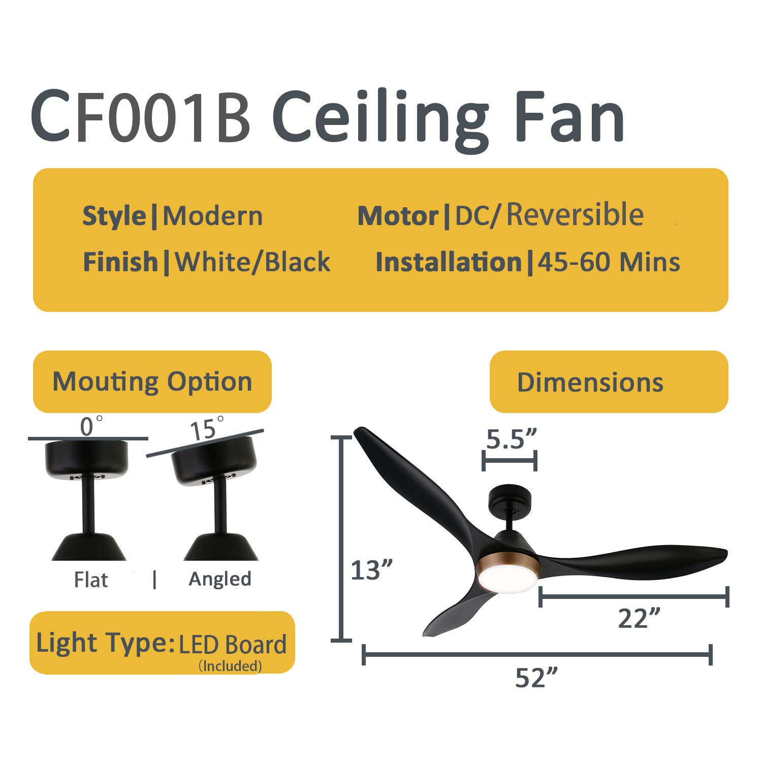 Nocolliny 52" Modern Ceiling Fan with Dimmabke LED, Quiet DC Motor and Remote Control