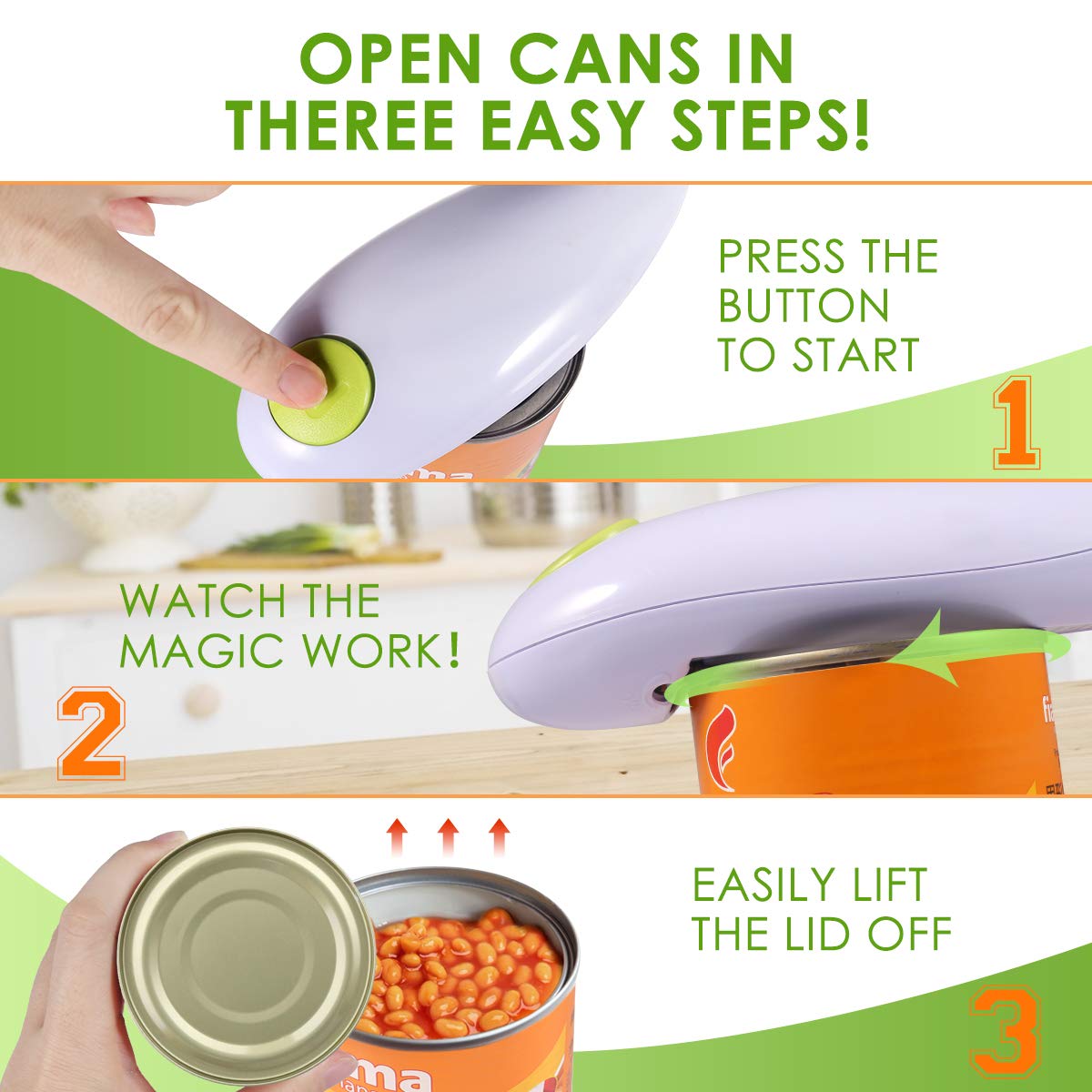 One-Touch Electric Can Opener, Smooth Edge Food-Safe Automatic Can Opener Electric Kitchen Fits Almost All Size Cans, Hands Free Battery Can Openers Prime for Seniors with Arthritis