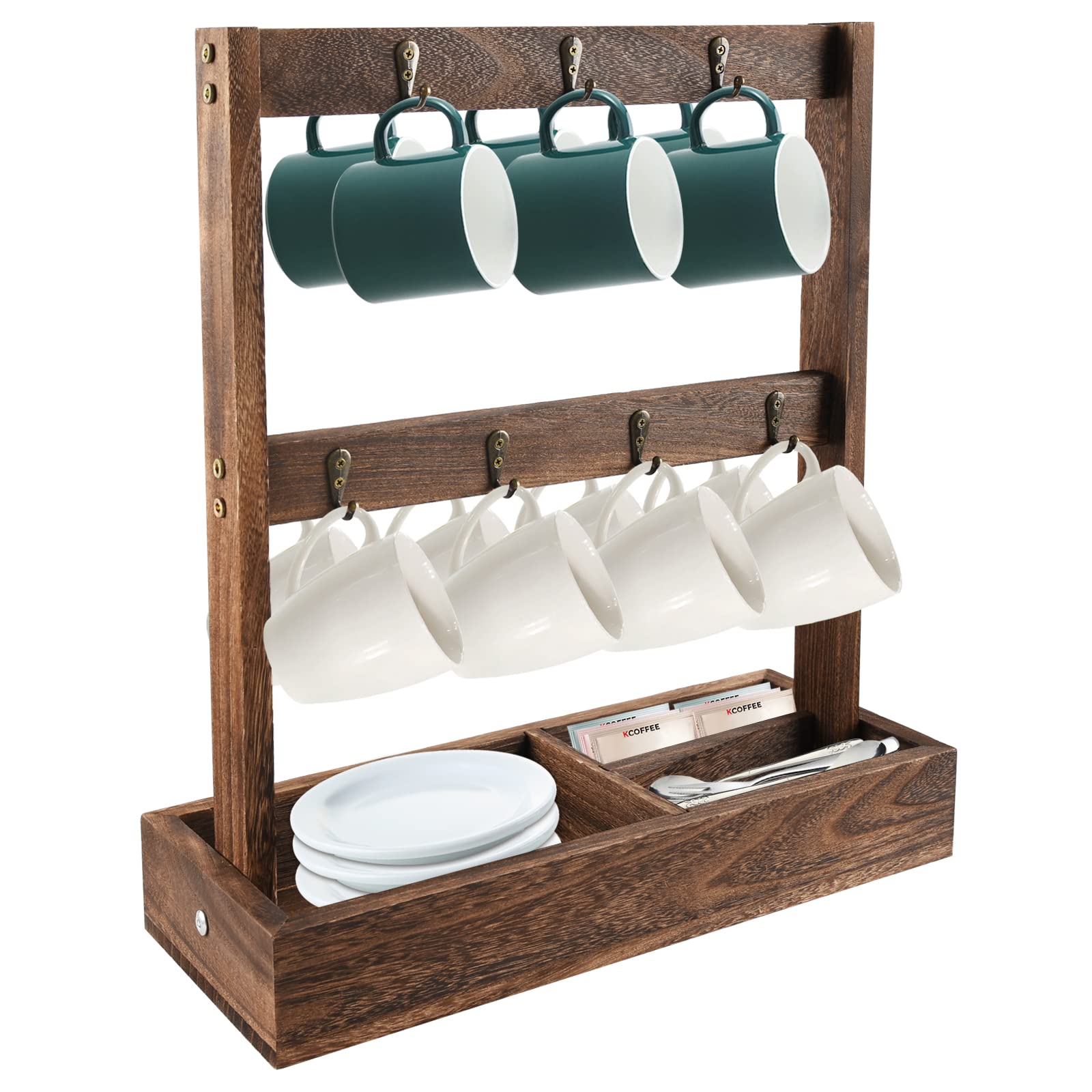 OHCCYML Rustic Coffee Mug Holder, 2 Tier Wood Coffee Cup Holder with Double Sided Hooks for 14 Mugs, Coffee Mug Organizer Stand Rack for Countertop, Display, Kitchen