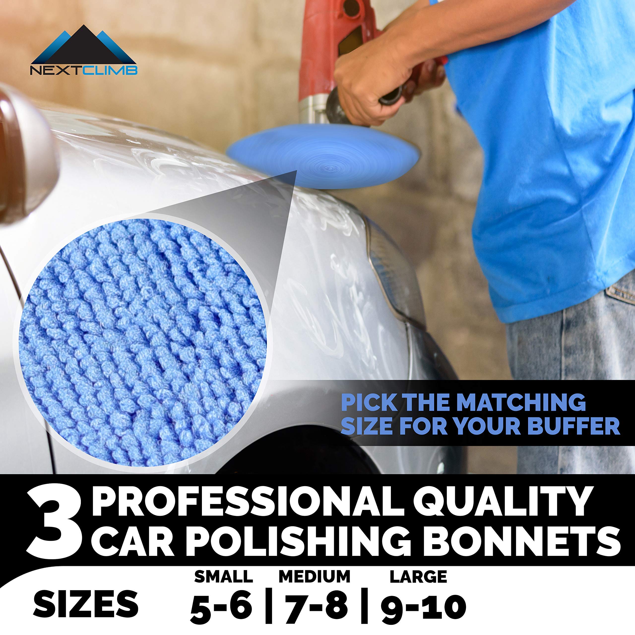 NextClimb Polishing Bonnet Applicator Pads - Double Thick Microfiber Bonnets - Reversible Soft Auto Buffing Wax Applicator Covers for Car Orbital Buffer Polisher (Large 9-10 Inches, 3-Pack)