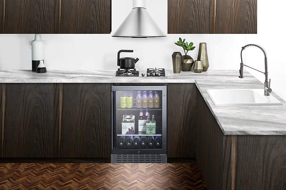 Summit SCR2466B 24 Inch 4.2 cu. ft. Capacity Freestanding or Built In Glass Door Beverage Center with Reversible Door, Lock, 4 Shelves, Reversible Door Hinge, Factory Installed Lock, CFC Free, Comme