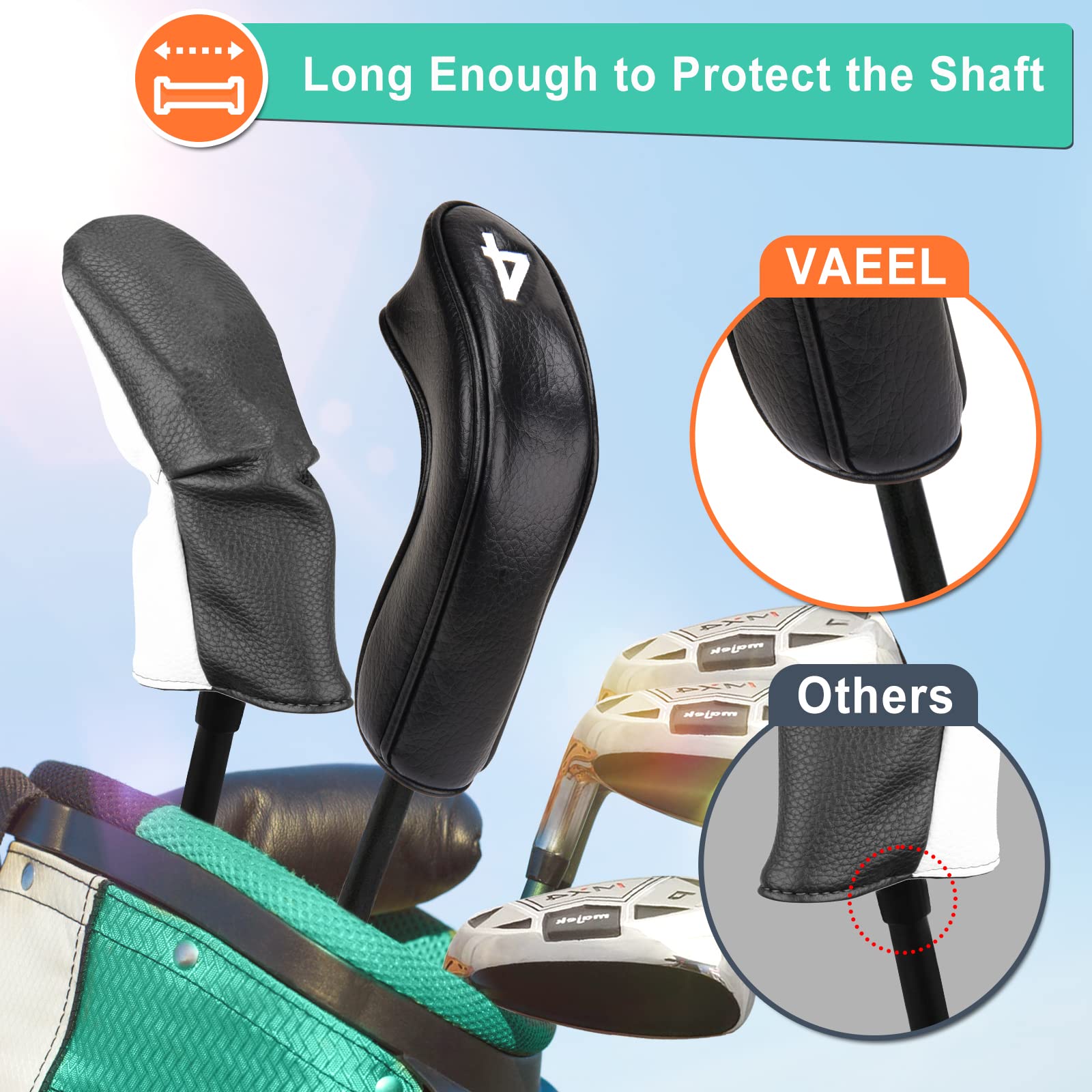 VAEEL 9pcs Hybrid Head Covers for Golf Clubs, Premium Leather Hybrid Iron Covers, Black Hybrid Headcover Set Fit Most Hybrid Irons