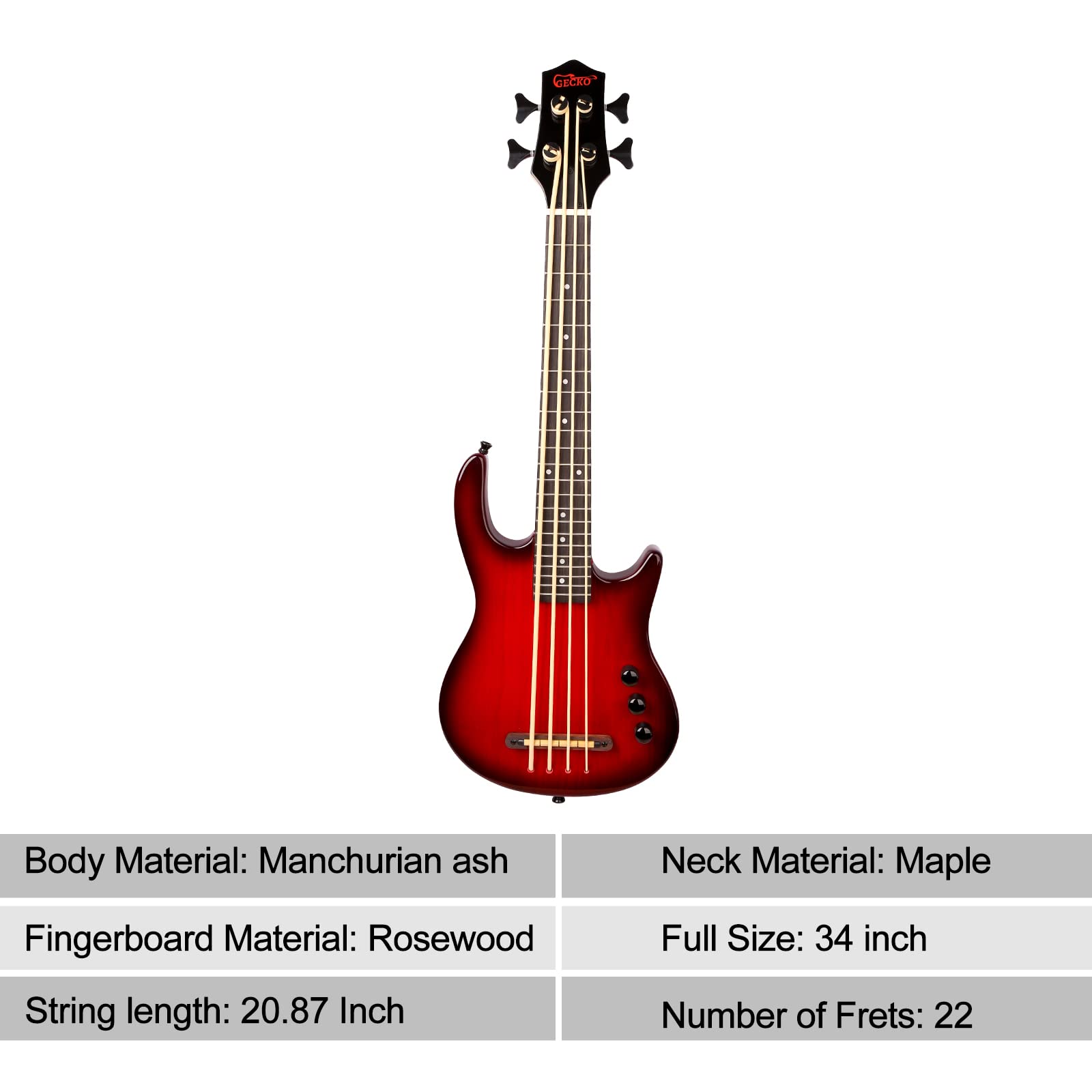 Ukulele Bass, GECKO U BASS, 34 inch Electric Bass 4 String with Strap and Guitar Bag 34 inch (Red)