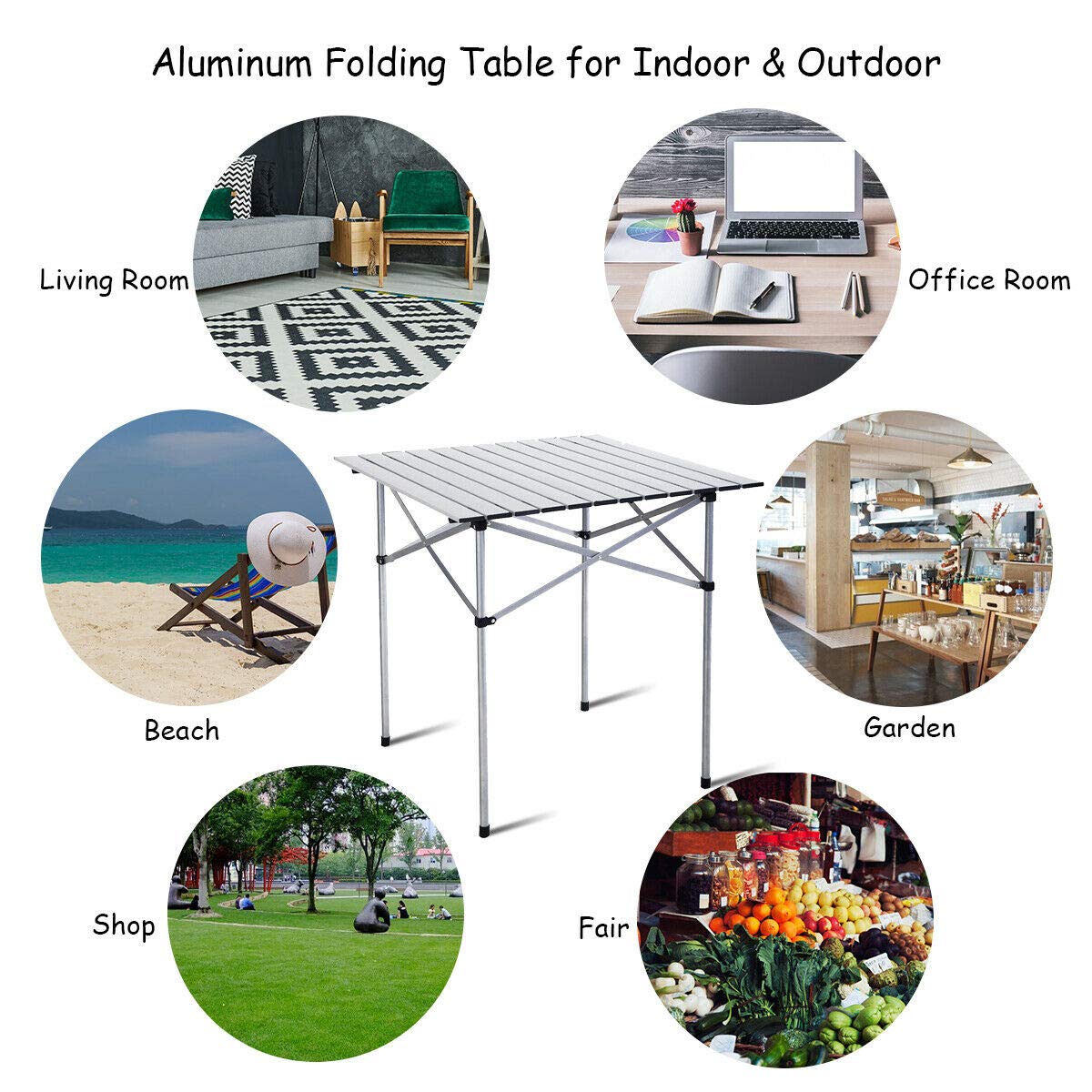 MYOYAY Portable Camping Table Foldable Lightweight Aluminum Table Square Roll Up Top Folding Camp Table for Outdoor Picnic Grill with Carry Bag, 27.5" L x 27.5" W x 27.5" H, Silver