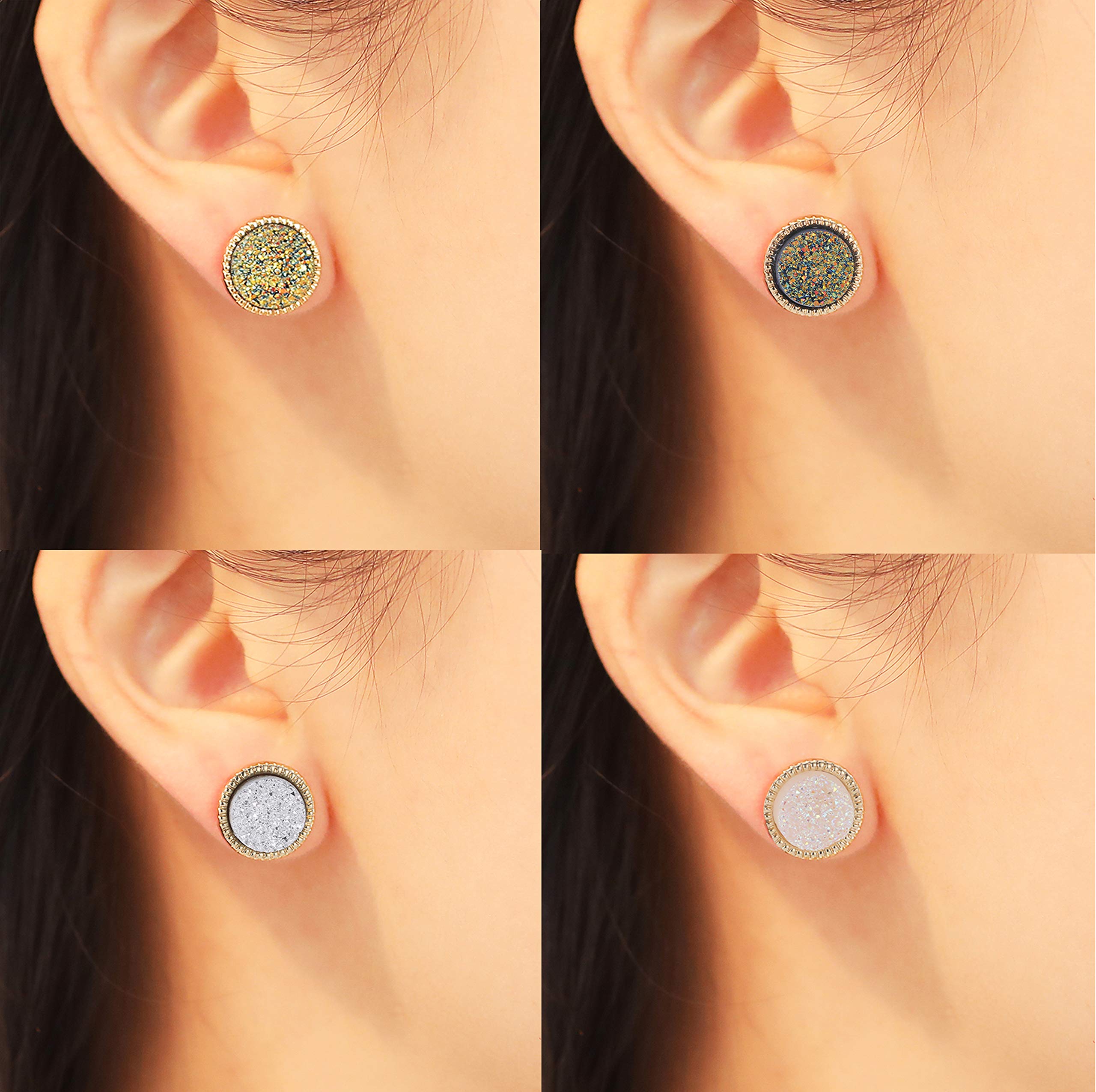 Ofeiyaa 9 Pairs Round Stud Earrings Stainless Steel Cute Druzy Crystal Studs Earrings Pierced for Women Ladies 10mm 20G