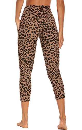 Oalka Womens Capri Joggers High Waist Pockets Running Sweatpants Jogger Pants Khaki Leopard Print Large