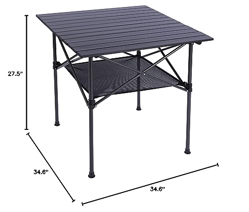 Stonehomy Aluminum Camping Table Roll Top with Mesh Storage, Folding Lightweight Roll Up Table Square for Outdoor Camping Grill, Black, 27.6X27.6 Inch