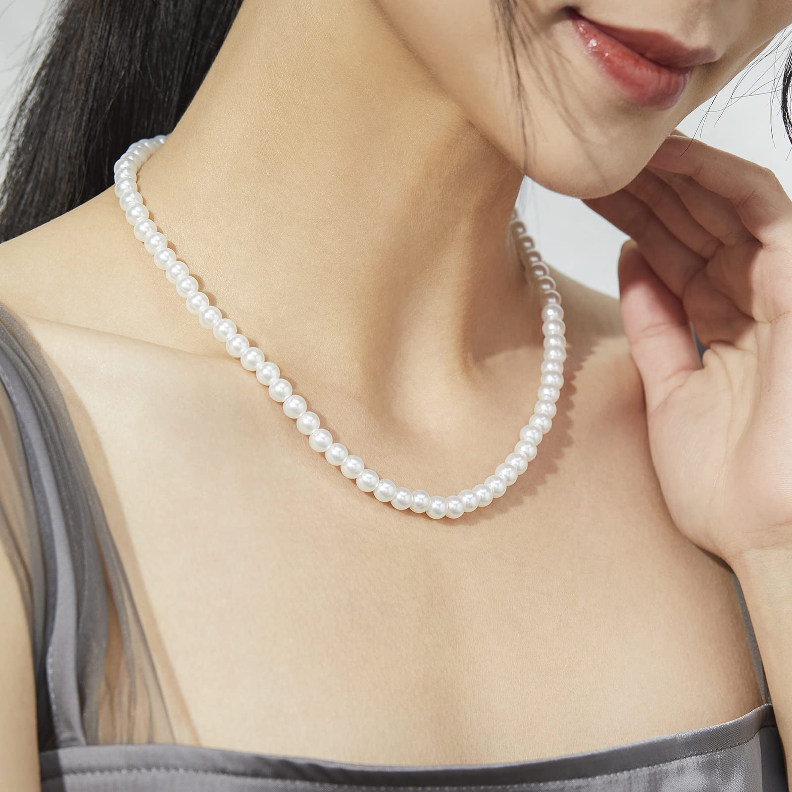 White Round Pearl Bead String Necklace for Men and Women - Imitation Pearl Choker Necklace Pearl Necklace White (8mm)