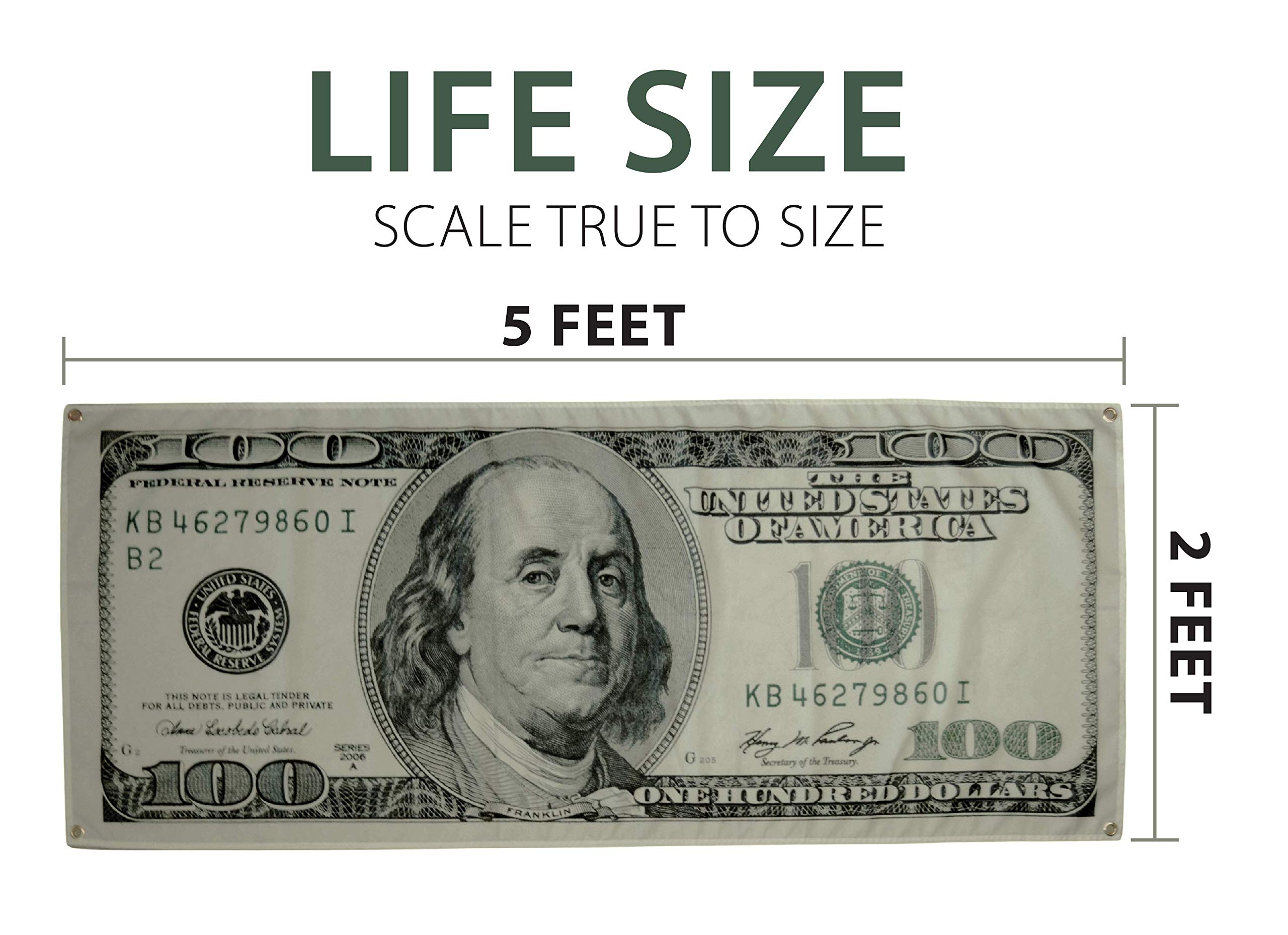 Motivational 100 Dollar Bill Large Life Size Money Flag Backdrop -Man Cave Wall Decorations Benjamin Franklin Dorm Bedroom Accessories - Frat House Living Room Flag 2X5 Cool Flag for Guys Home Office