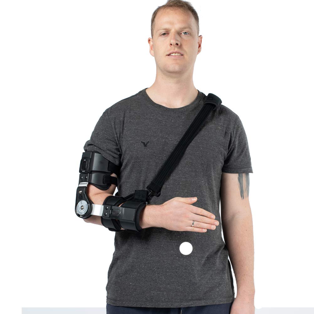 MOSCARE Hinged ROM Elbow Brace, Adjustable Post Op Elbow Brace with Strap for Support Post Op Injury Recovery Right Arm.