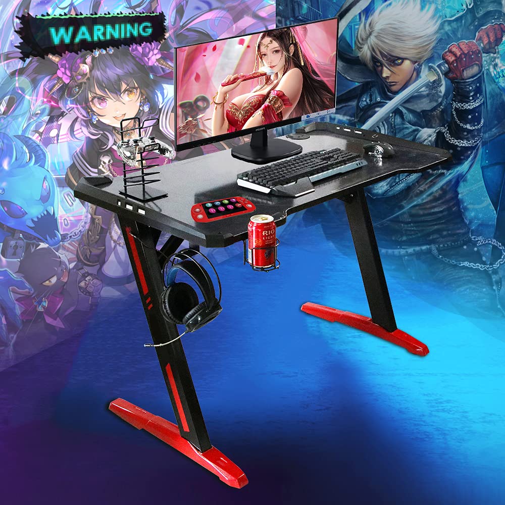N /A NEWPUTE Office Gaming Desk 43.31"x23.62" Z Shaped Home Office PC Computer Table with LED Lights Controller Stand Cup Holder Headphone Hook for E-Sport Racing Gamer Pro Gift…