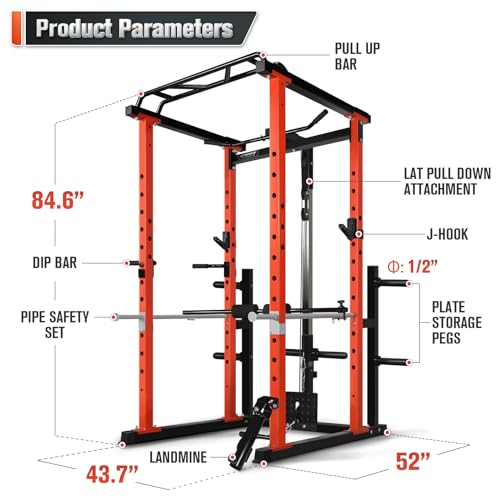 RitFit Power Cage with LAT Pull Down and 360° Landmine, 1000LB Capacity Power Rack Full Home Gym for Weightlifting, Come with J-Cups,Dip Bars and Other Attachments (2023 Version PPC02)-Orange