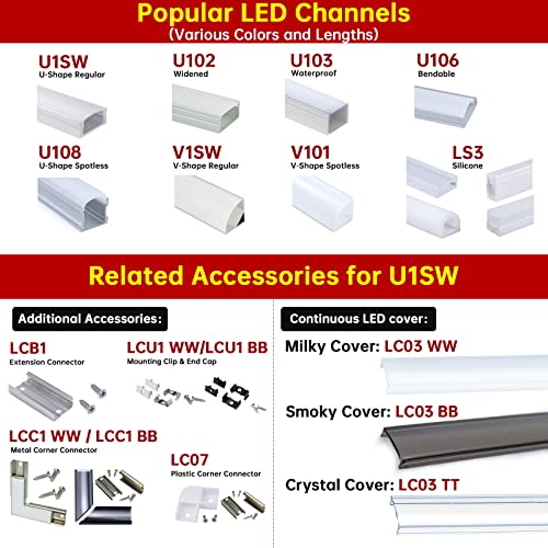Muzata 4PACK 90 Degrees Corner Connectors, 4 Pairs LED Channel L-shape Adaptor, 10PACK Extension Connectors U1SW U-shape Aluminum LED Channel Can Be Connected Seamless LCC1 WW C2, LA1 LC1