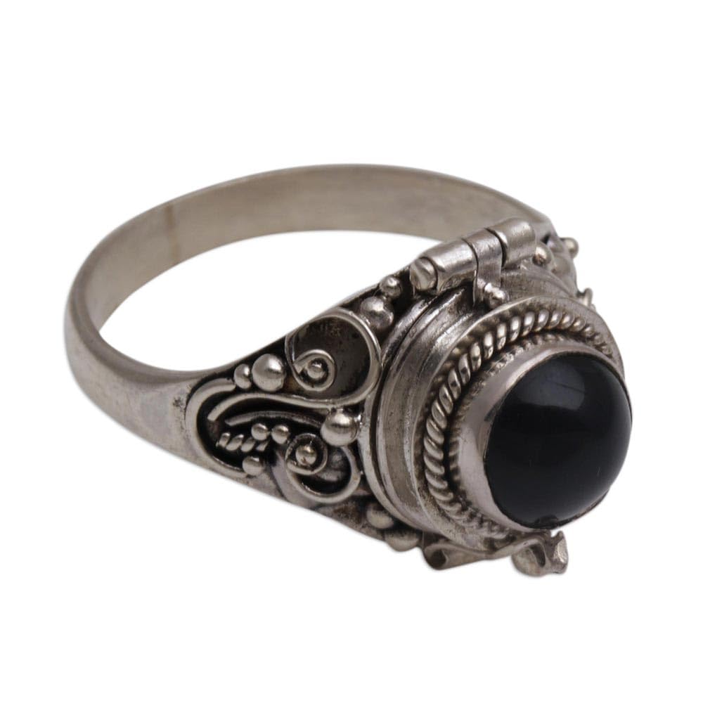 NOVICA Artisan Handmade Onyx Locket Ring 925 Sterling Silver from Bali Black Cocktail Indonesia Birthstone [crownbezel 0.5 in H x 0.4 in W x 0.3 in D Band Width 3 mm W] ' Gerhana Shrine'