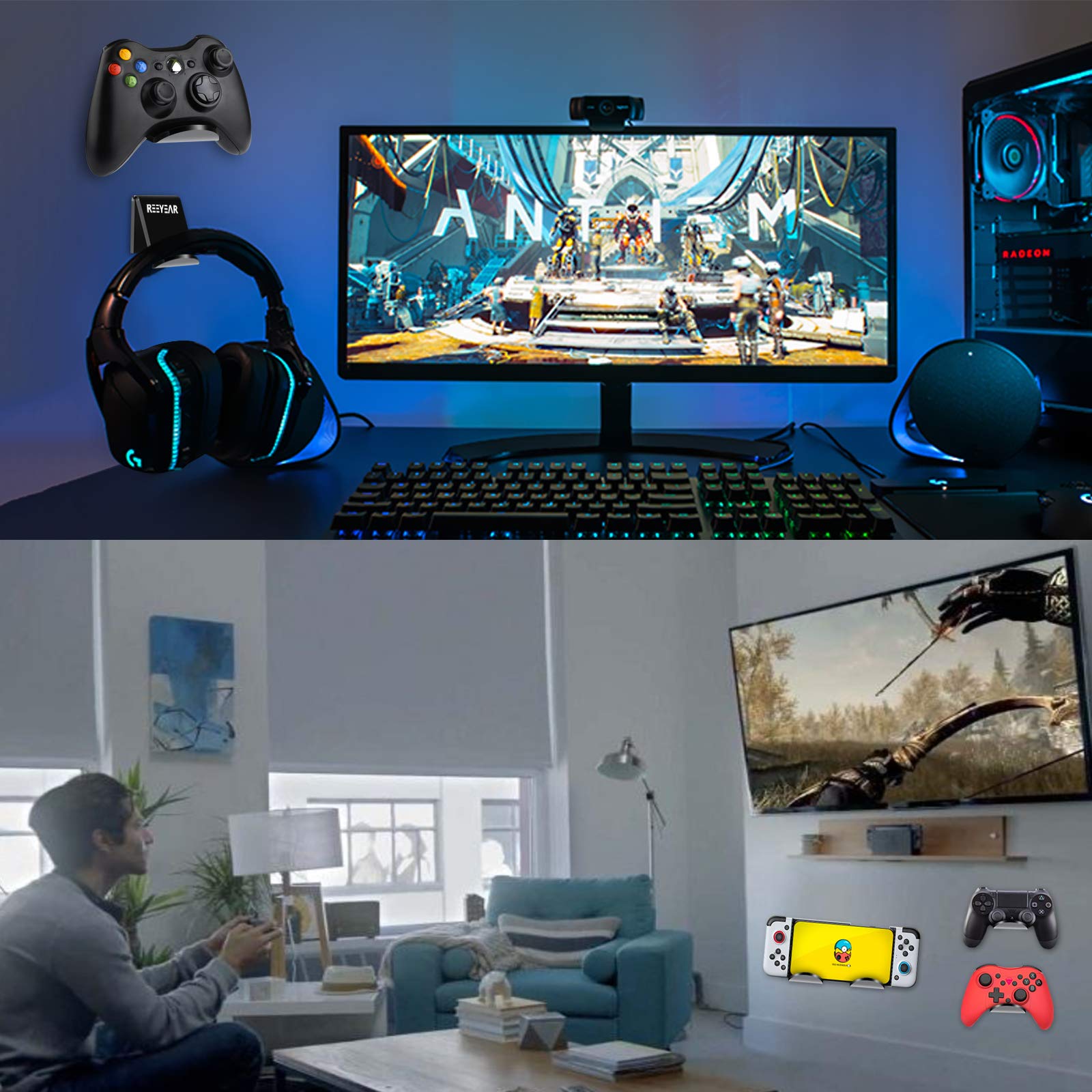 REEYEAR Video Game Controller Wall Mount Holder for Universal PS5 PS4 Xbox One S/Steam/Nintendo Switch/PC Video, No Drilling Stick on Stand Hanger for Gaming Controllers Headphone 2 Pcs Black
