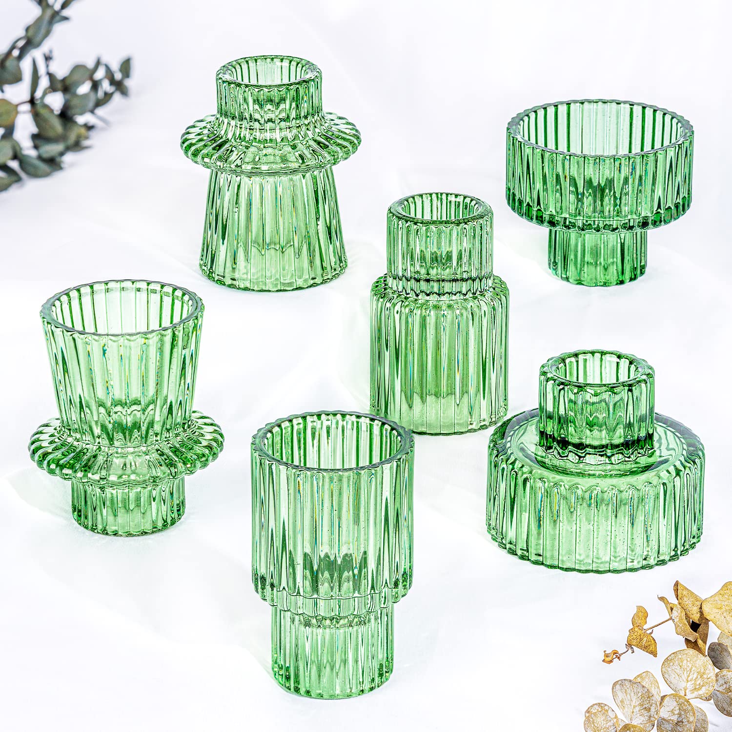 Marycele Glass Candle Holders - Set of 6 Votive and Taper Holders for Wedding Centerpieces and Table Decor, Green