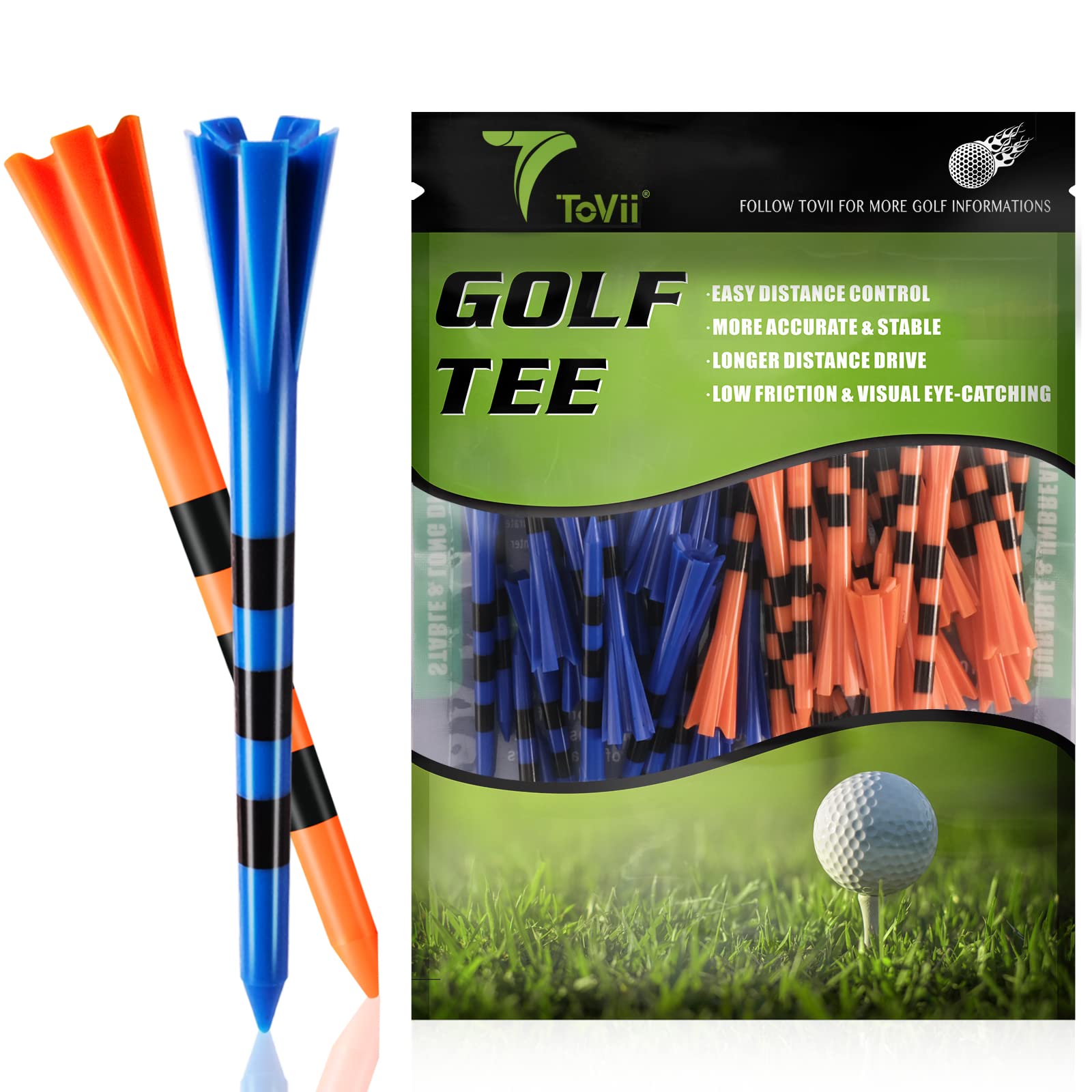 ToVii 3-1/4" Plastic Golf Tees 80 Pack | Reduces Friction & Side Spin 5 Prongs Golf Tees plastic (Orange/Blue)