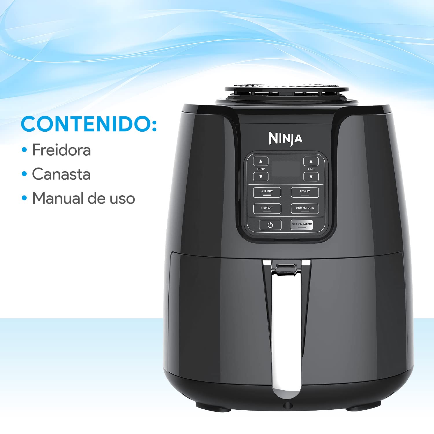 Ninja Fryer, 1550-Watt Programmable Base for Air Frying, Roasting, Reheating & Dehydrating with 4-Quart Ceramic Coated Basket (AF101), Black/Gray (Renewed)
