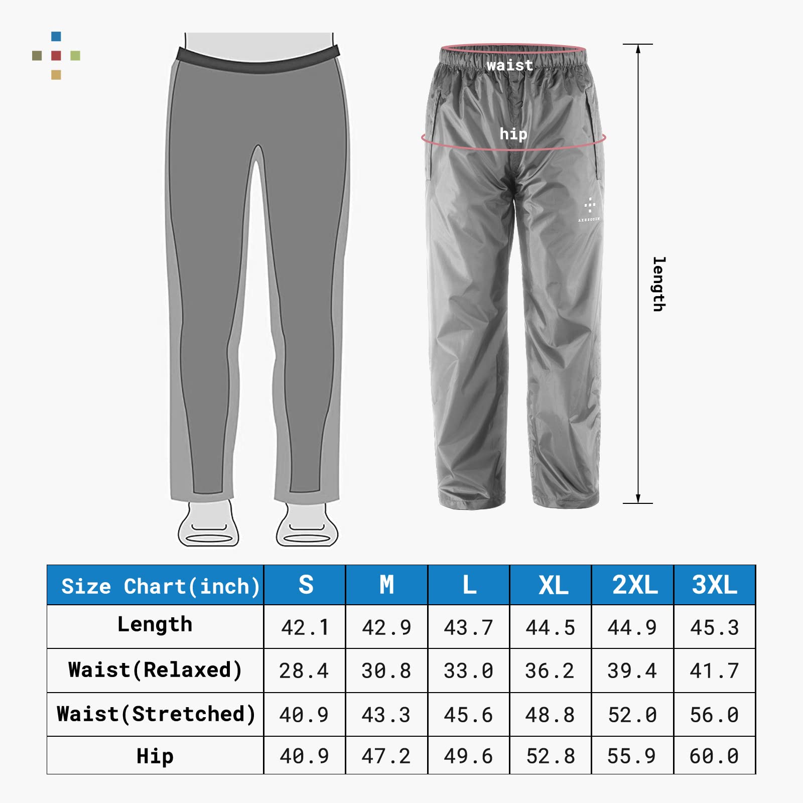 Rain Pants Men, Waterproof Pants Mens with Pockets Lightweight Packable Windproof Outdoor Hiking Fishing Grey XL