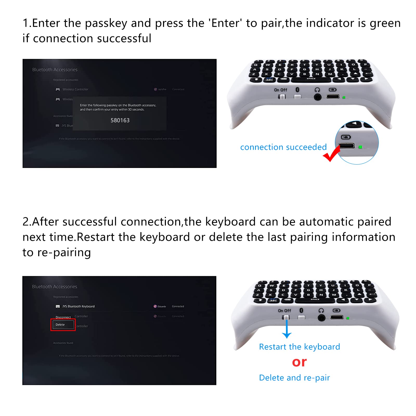 RALAN Wireless Keyboard for PS5 Controller, Bluetooth 3.0 Mini Chatpad Message Game Keyboard Keypad Built-in Speaker with 3.5mm Audio Jack for Messaging and Gaming Live Chat.
