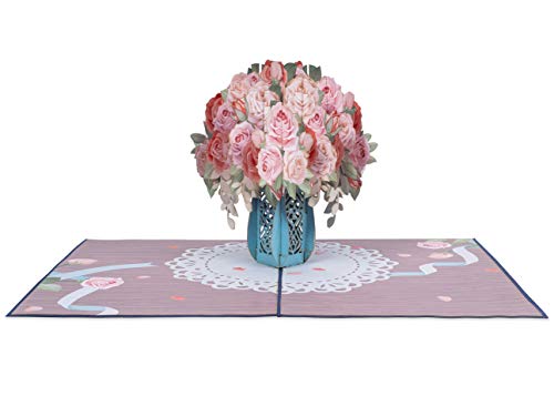 Paper Love 3D Pink Roses Pop Up Card, 5" x 7" Cover - Includes Envelope and Note Card