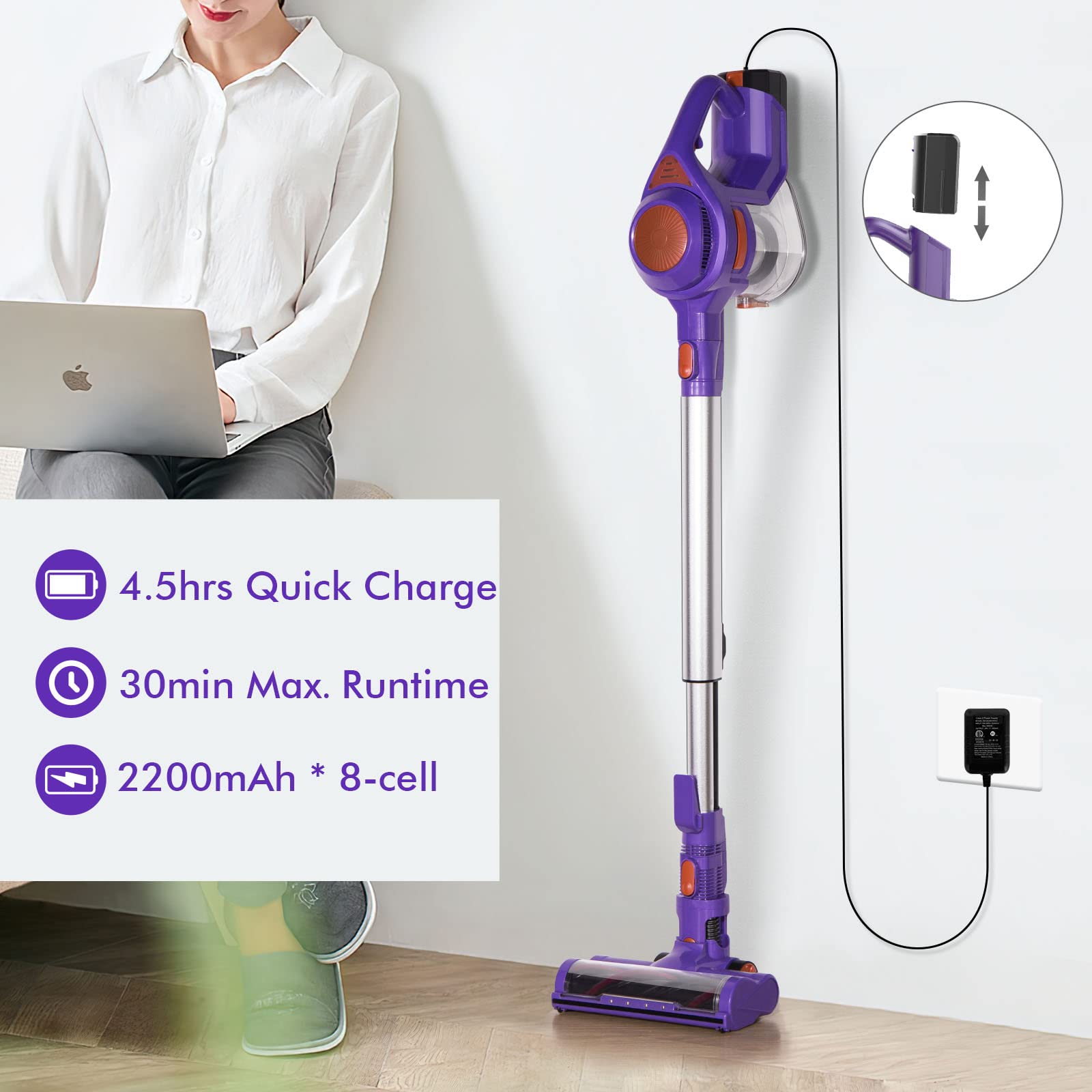 Tocwon Cordless Vacuum, 24KPa Stick Handheld Vacuum Cleaner with 250W Brushless Motor, 4 in 1 Lightweight Vacuum Cleaner with 2 in 1 Brus Purple & Orange