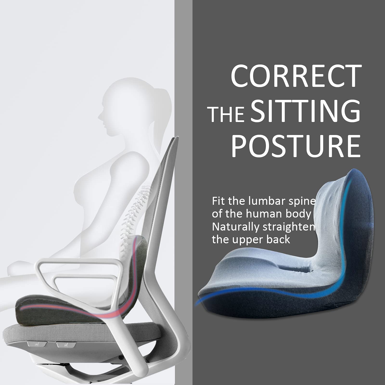 pitkalle Seat Cushion,Office Chair Cushions, Memory Foam Chair Cushion with Lumbar Support Pillow for Tailbone Pain, Sciatica, Lower Back Relie - Grayish