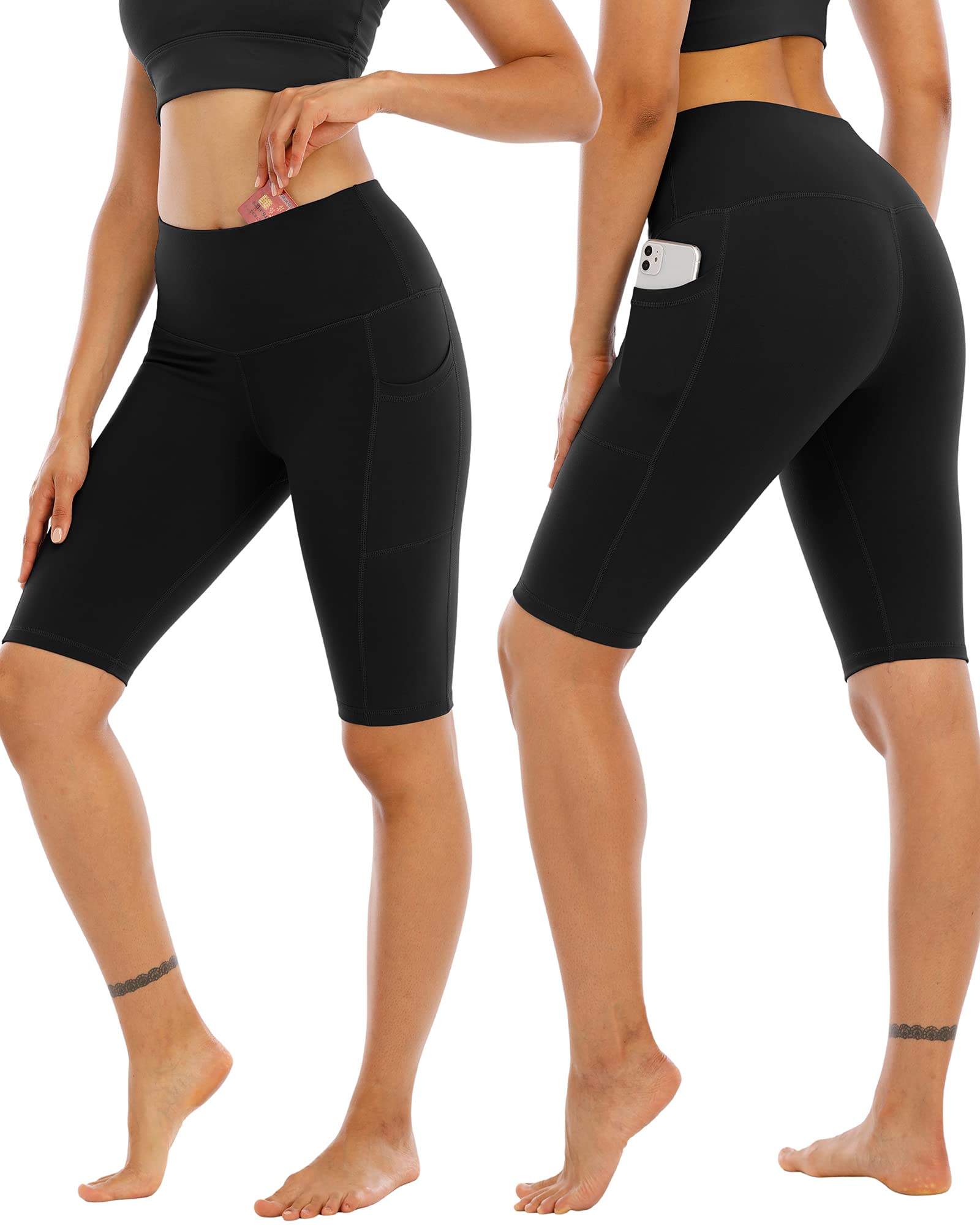 WHOUARE 4 Pack Biker Yoga Shorts with Pockets for Women,High Waisted Athletic Running Workout Gym Shorts Tummy Control,Black,Navy,Dark Gray,Brown,L