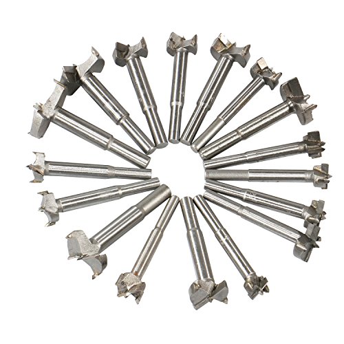 Woodworking Forstner Drill Bits Sets, HEHEINC 17 PCS Carbon High Speed Steel Wood Working Hole Cutter Titanium Coated Wood Boring Hole Drilling Sets with Round Shank 15mm-38mm