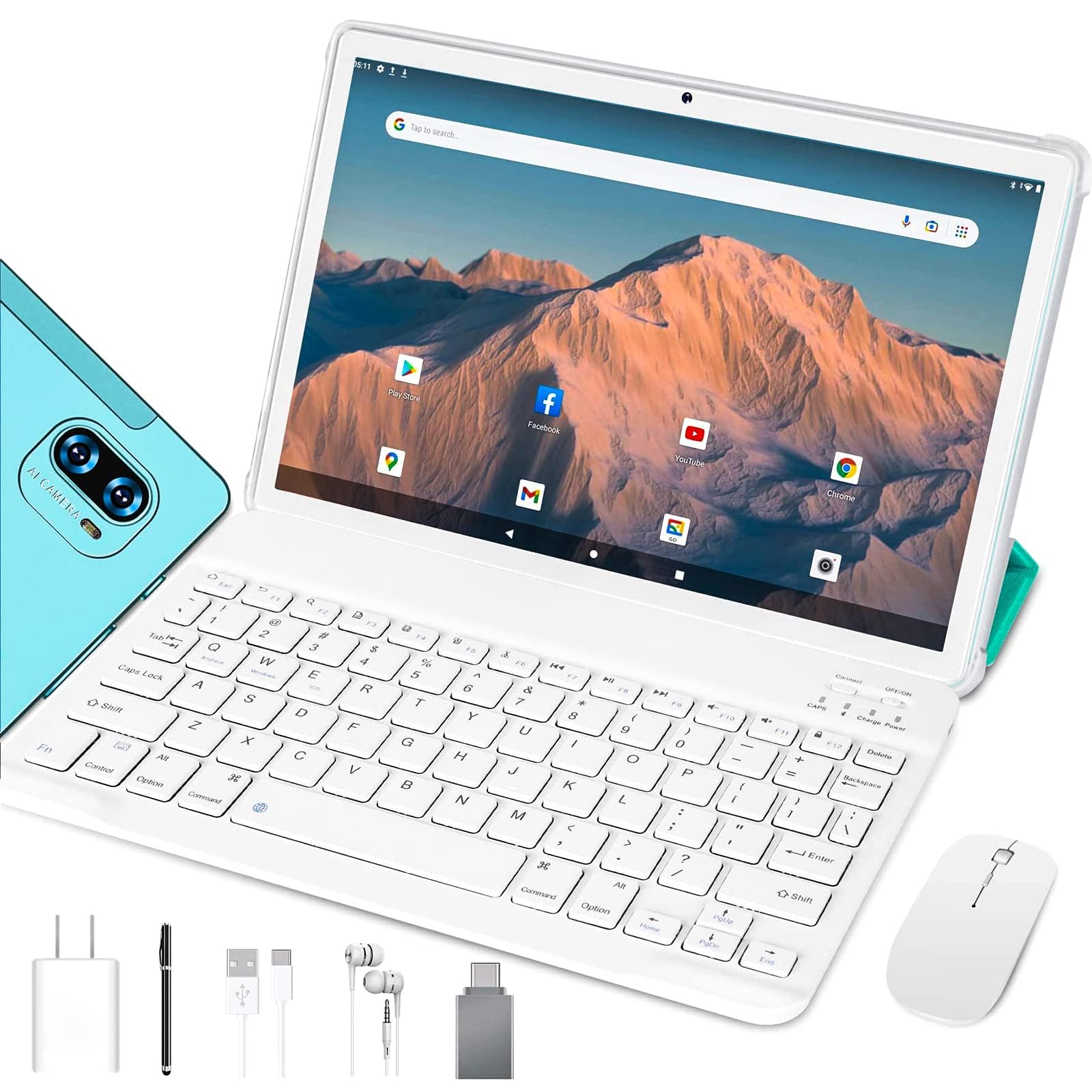 YESTEL Android 11 Tablet 10.1 inch 2 in1 Tablet with 2.0Ghz Octa-Core Processor, 4GB RAM 64GB ROM(Expand to 512GB), 2.4G+5G WiFi, Bluetooth5.0, 8000mAh Battery, Keyboard & Mouse Included-Green