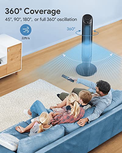 Tower Fan with Remote, 3 Speeds Wind Modes, 360 Degree Oscillation, 24H Timer, Standing Bladeless Floor Fans for Home Bedroom and Office, 40 Inch, Black