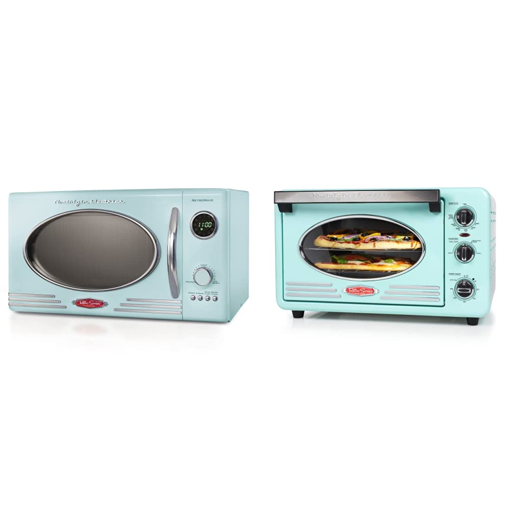 Nostalgia Retro Countertop Microwave Oven, 0.9 Cu. Ft. 800-Watts with LED Digital Display, Aqua & RTOV2AQ Large-Capacity 0.7-Cu. Ft. Capacity Multi-Functioning Retro Convection Toaster Oven