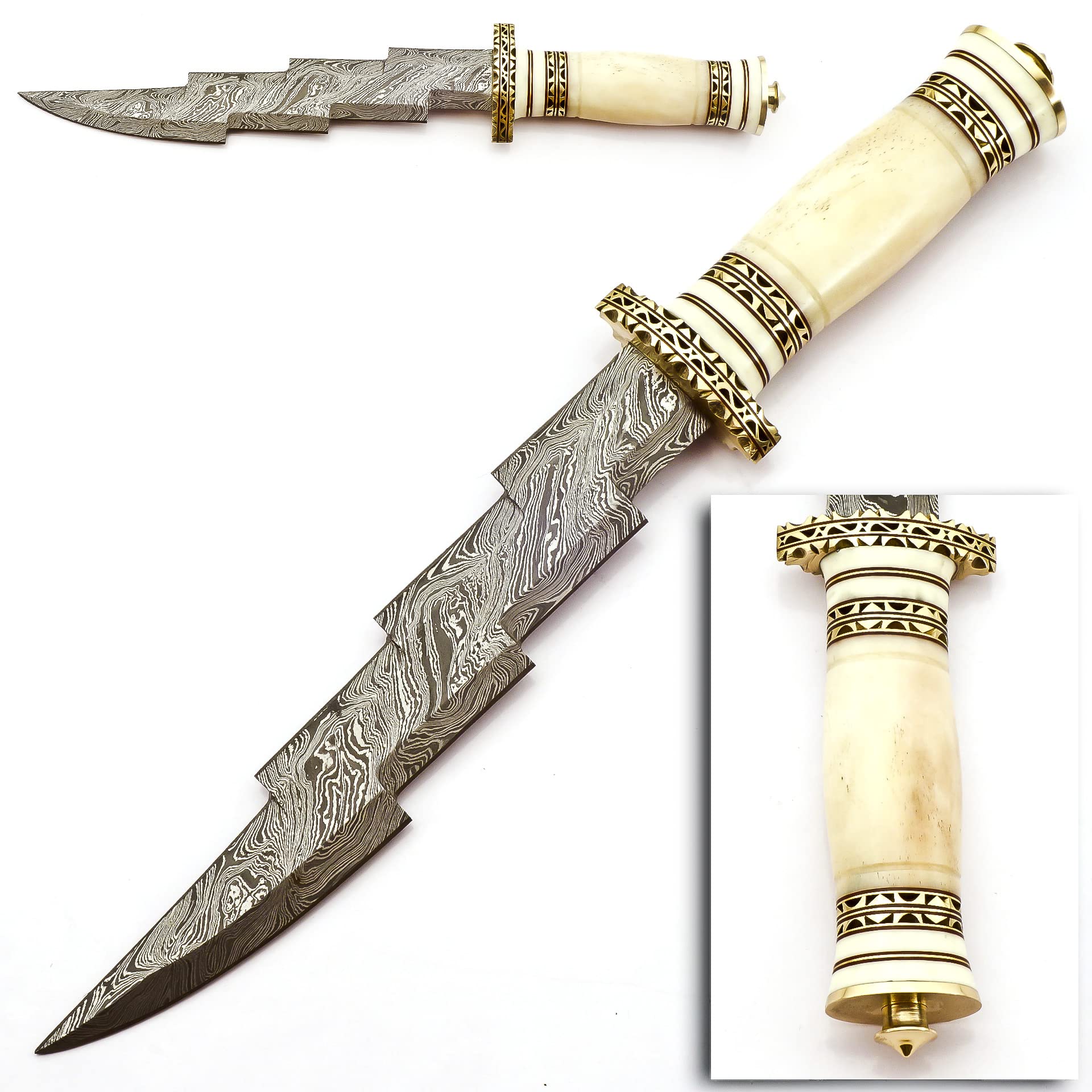 Skokie Knives Custom Damascus Steel Hunting Knife Camel Bone Handle-Handmade Premium Quality Edge Fixed BladeāMultipurposeāIdeal for Survival Camping Hiking Outdoor Every Day Carry Professional