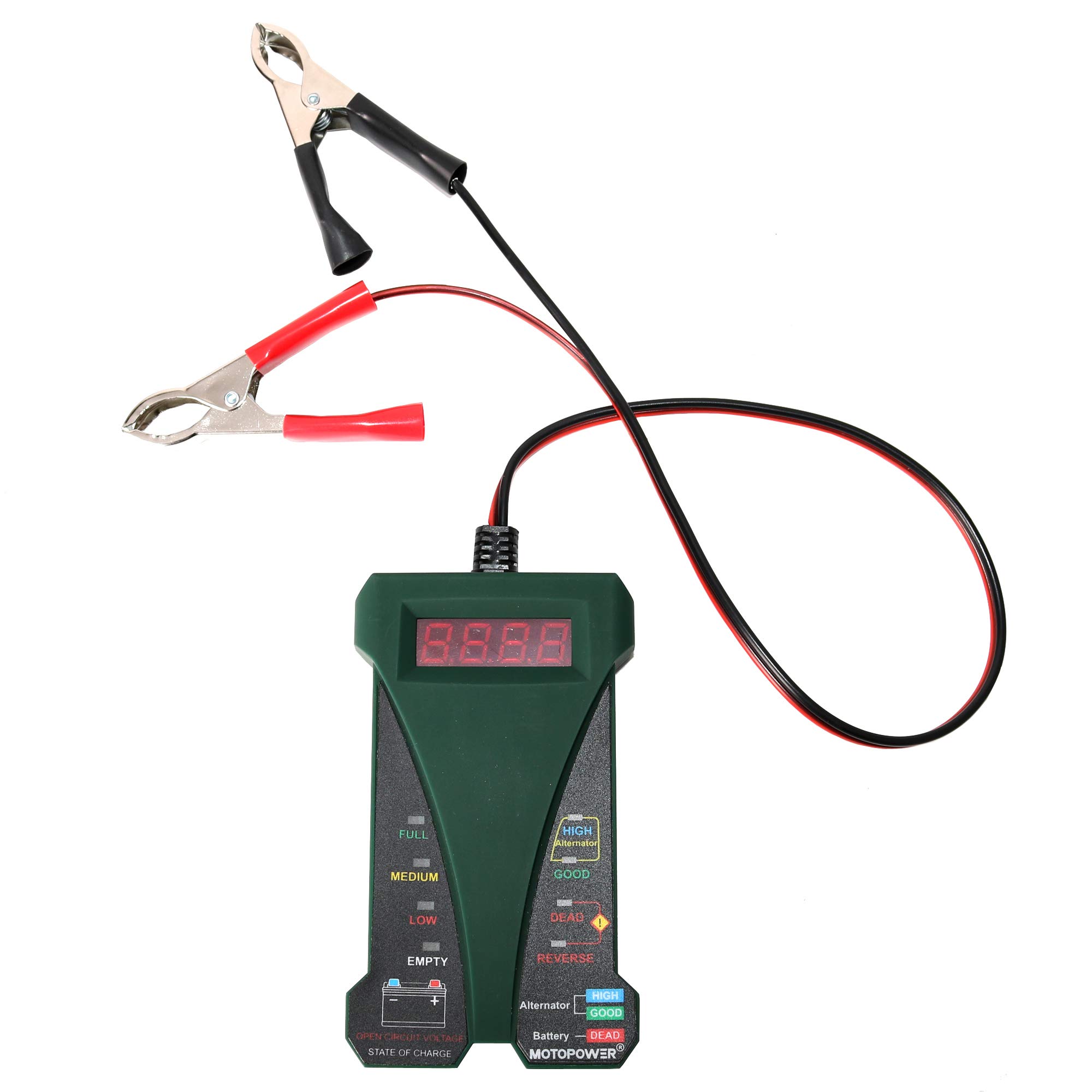 MOTOPOWER 12V Digital Battery Tester Voltmeter and Alternator Charging System Analyzer with LCD Display and LED Indication, Midnight Green Rubber Paint