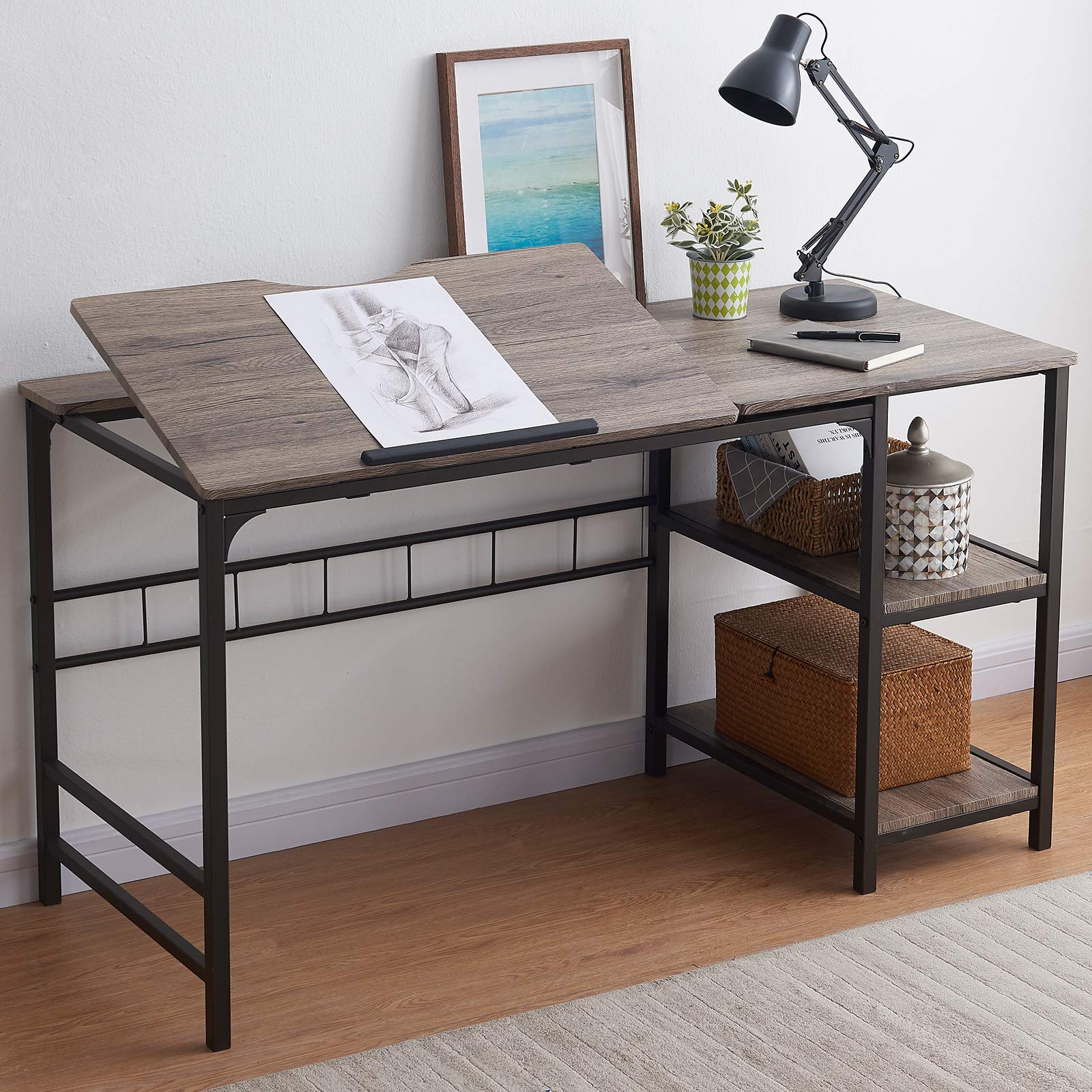 OIAHOMY Home Office Desk 55” Computer Desk, Large Draft Drawing Table with 2-Tier Shelf Multifunctional Study Writing Table, Tiltable PC Laptop Desk Workstation Modern Art Craft Desk -Grey Oak