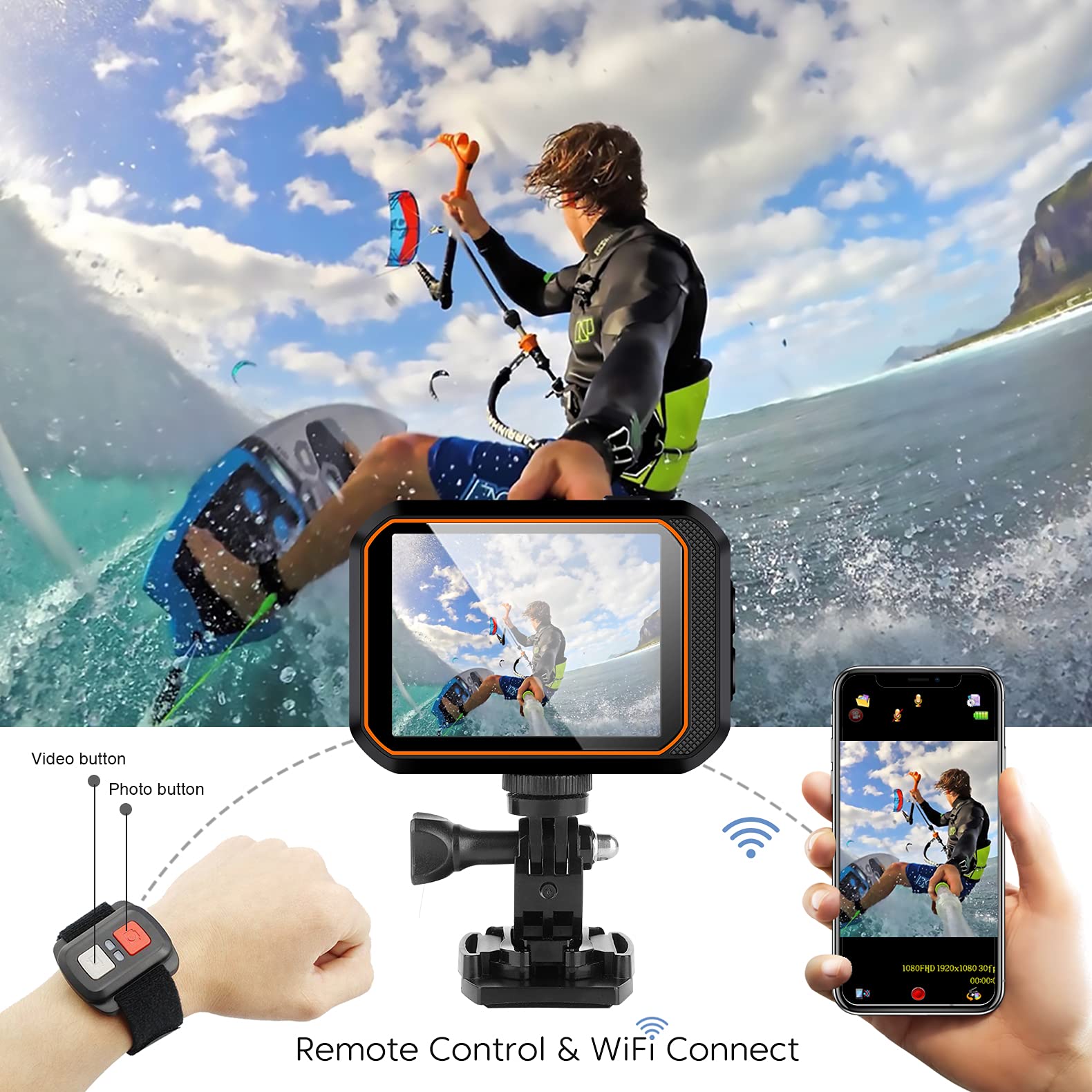 novzzovaz Action Camera 4K 16MP WiFi Sports Camera IPX8 33FT Waterproof Camera EIS 170° Wide Angle Underwater Camera with Remote Control Accessories Kit and Carrying Case