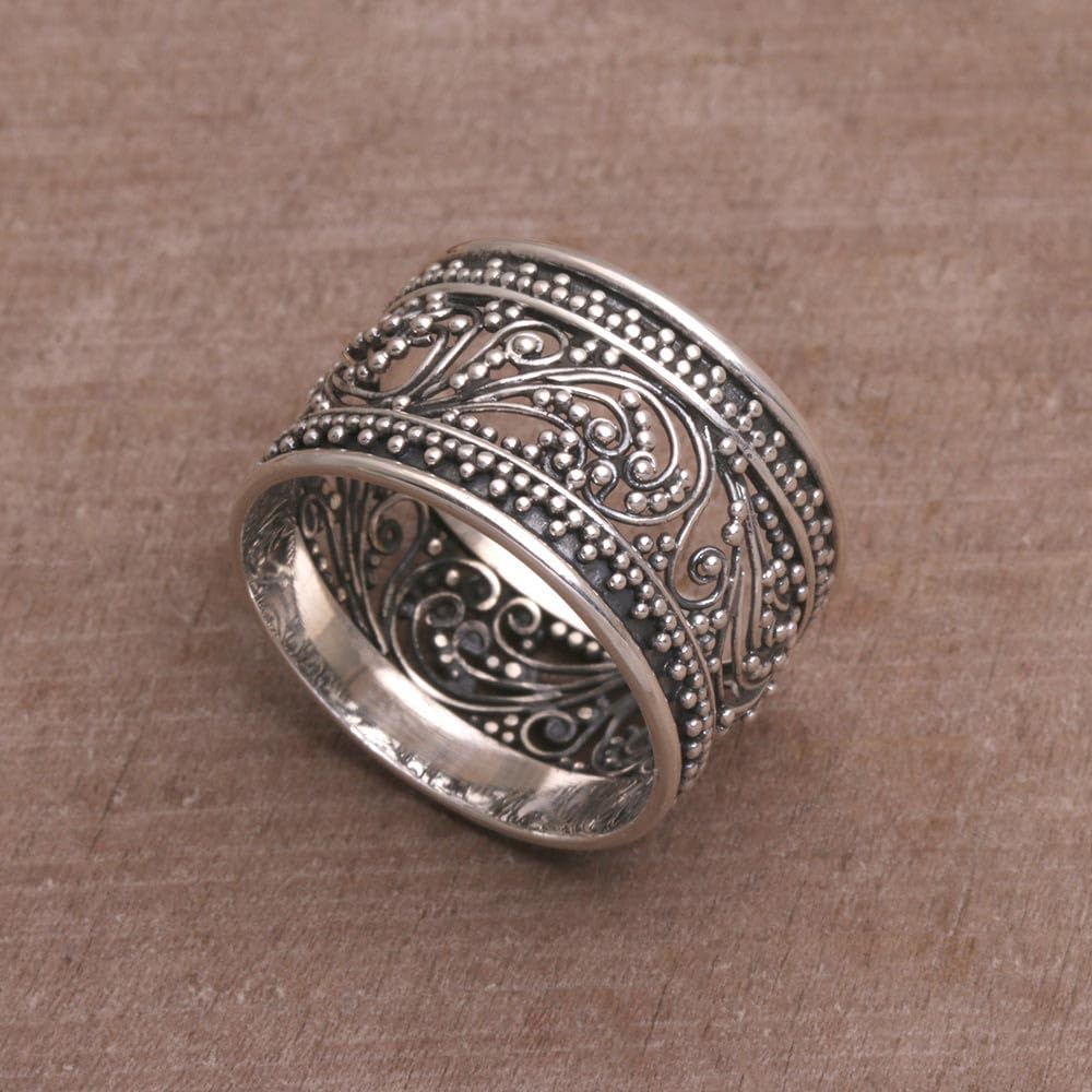NOVICA Artisan Handmade .925 Sterling Silver Band Ring Openwork from Bali Indonesia [band Width 14 mm W] 'Merajan Majesty'