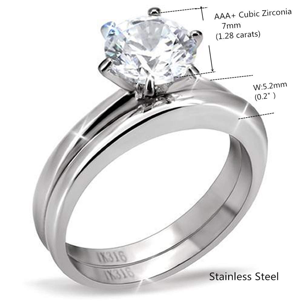 MABELLA Stainless Steel Cubic Zirconia Round Cut Classic Women's Wedding Engagement Bridal Ring Set Size 7