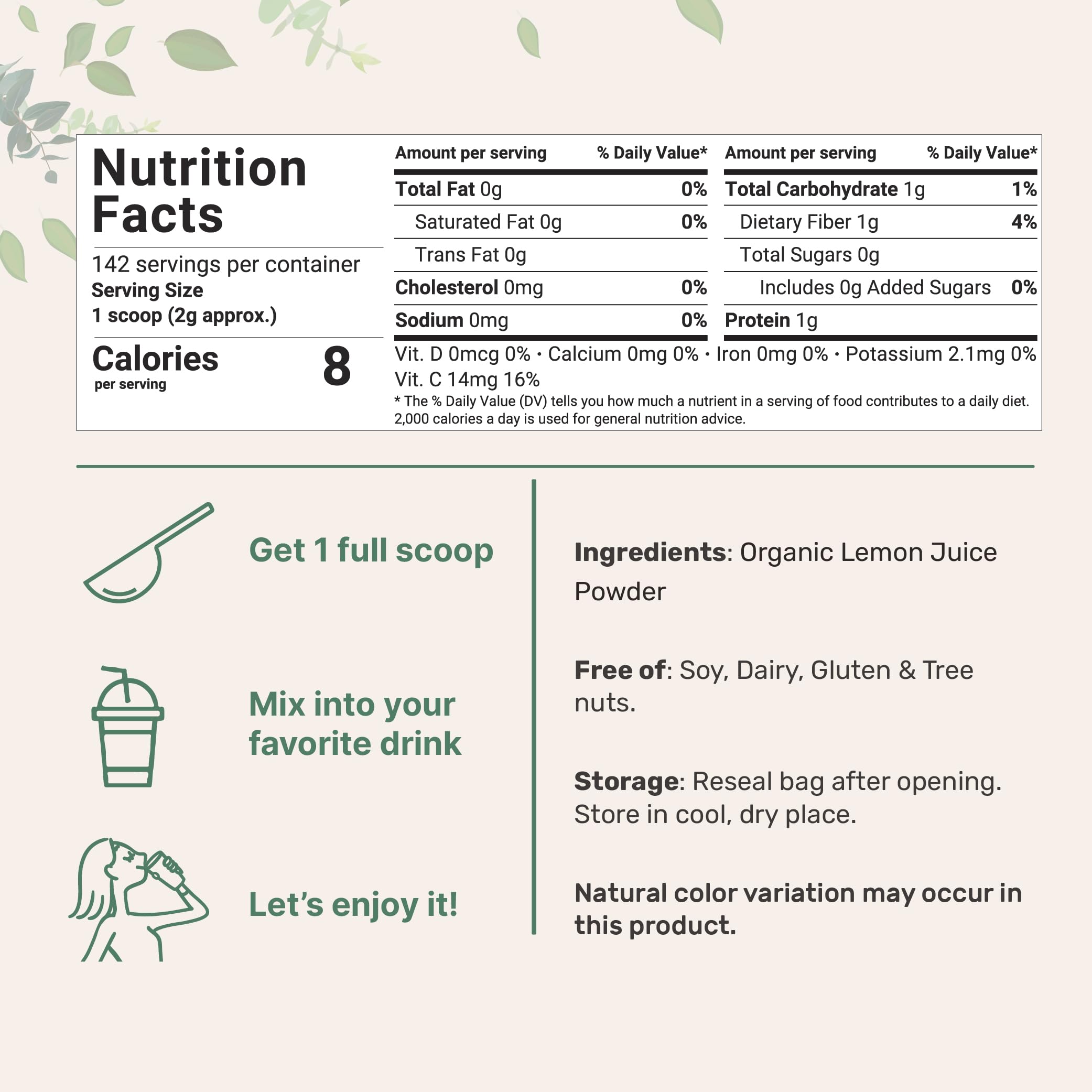 Organic Lemon Juice powder, 10 Ounce | 100% Natural Fruit Powder | Cold Pressed Lemons Source | No Sugar & Additives | Great Flavor for Drinks, Smoothie, & Beverages | Non-GMO & Vegan Friendly