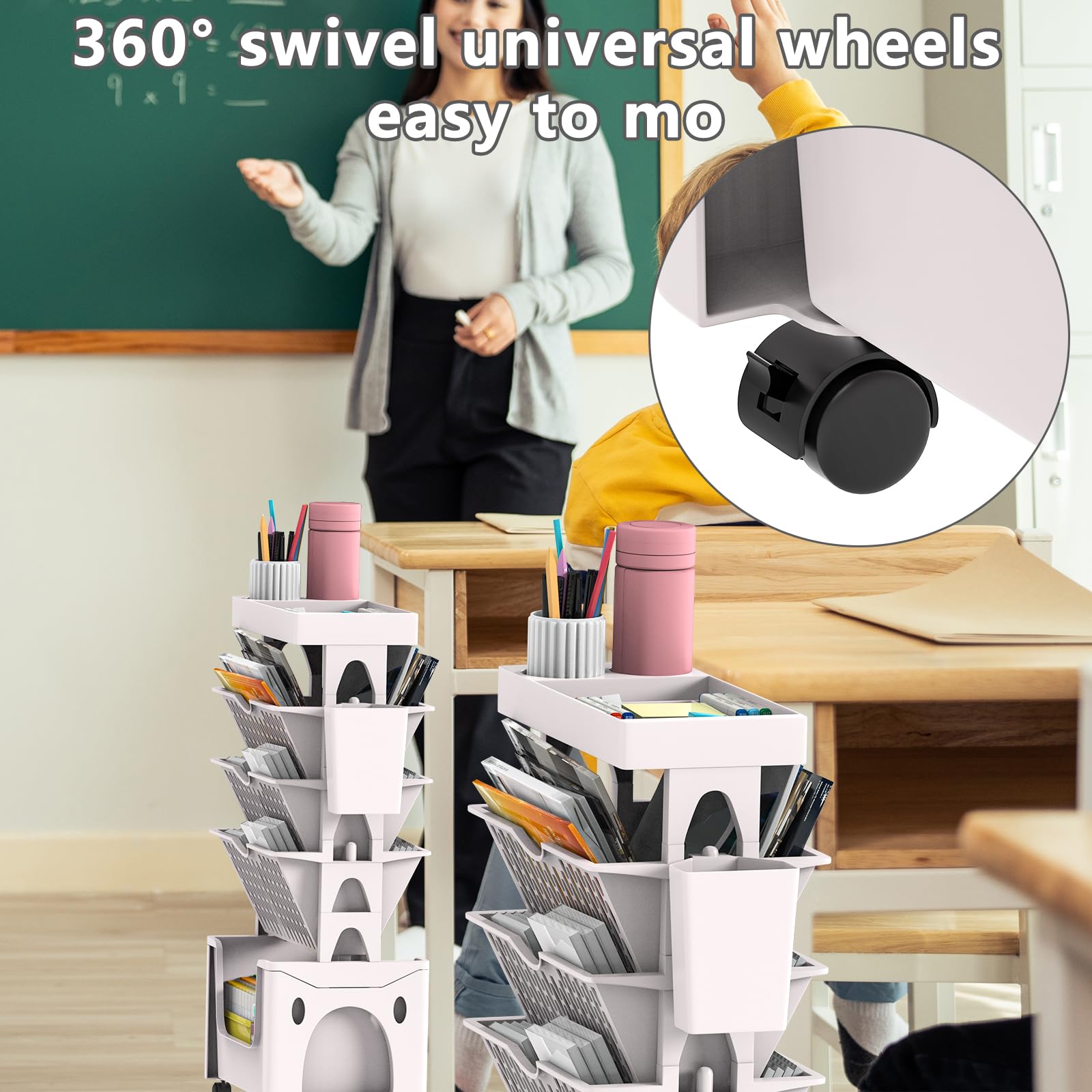 NIRIAHO 5 Tier Mobile Bookshelf, Movable Bookshelf Rolling Office Paper Organizer Book Rack Storage Removable Utility Small Bookcase with Wheels for Office, Dorm, Classroom, Nursery, White